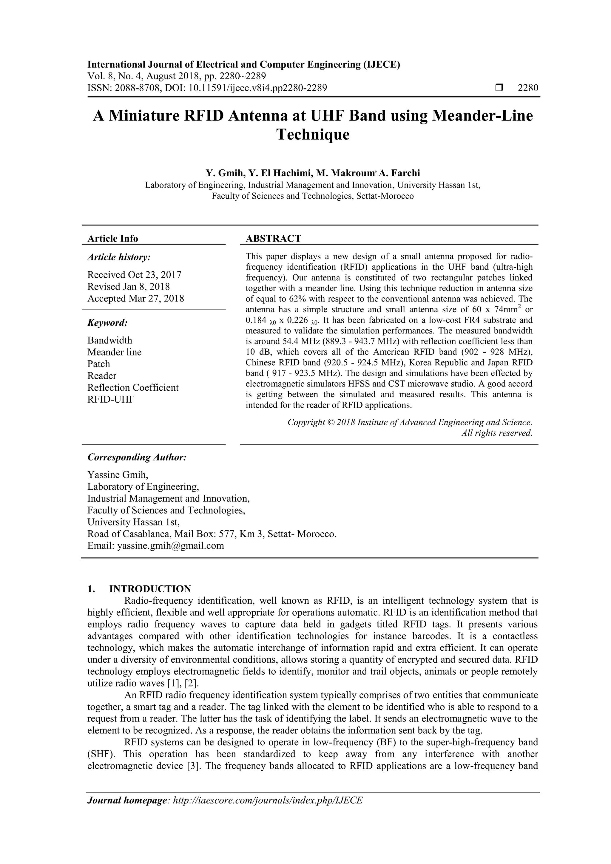 A Miniature RFID Antenna at UHF Band using Meander-Line Technique | PDF