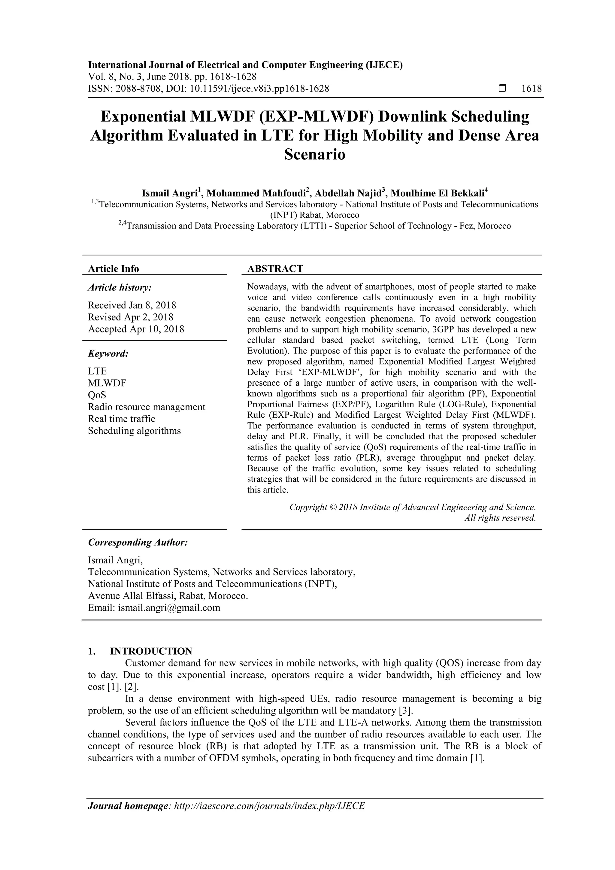 Exponential MLWDF (EXP-MLWDF) Downlink Scheduling Algorithm Evaluated in LTE for High Mobility ...