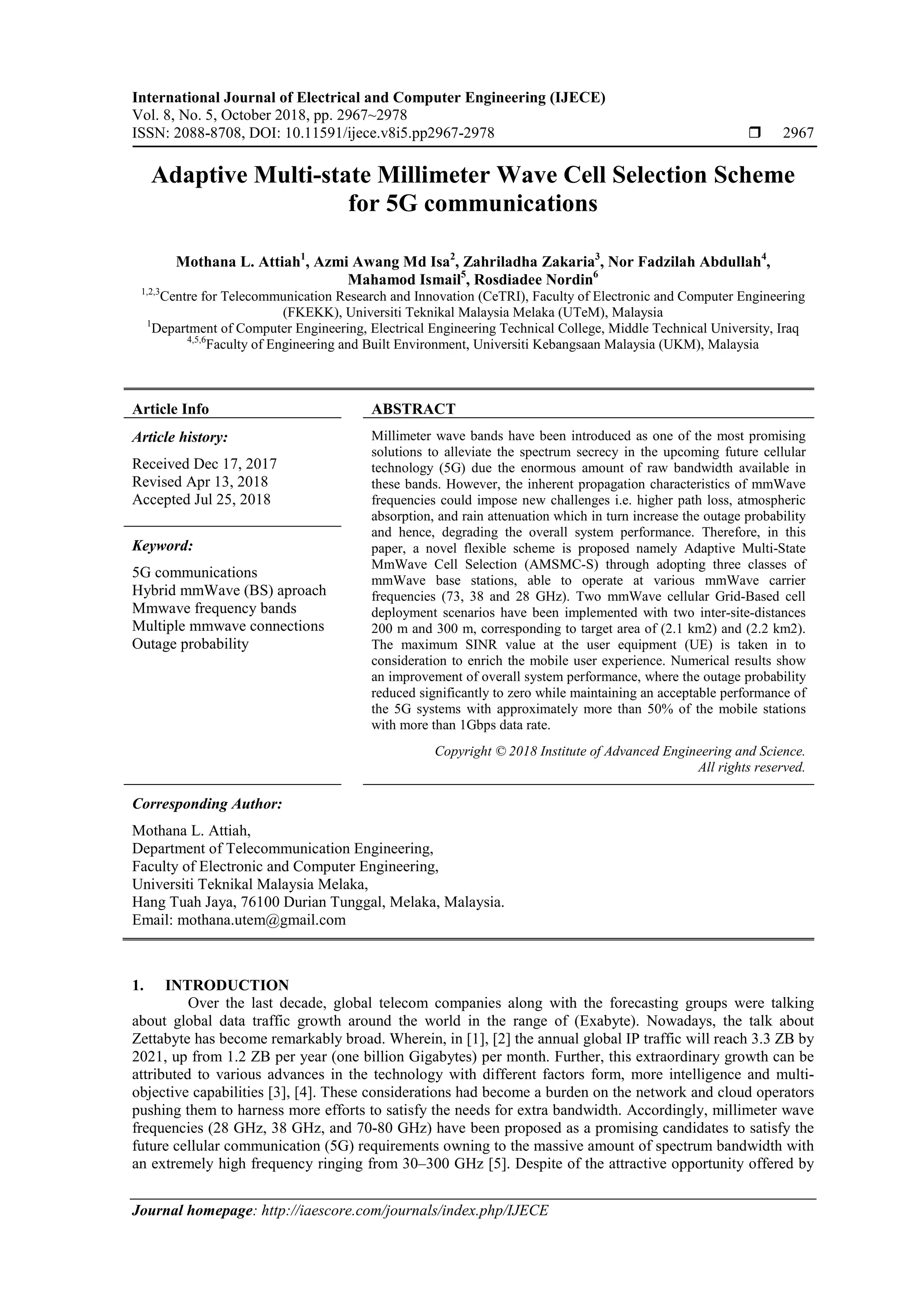 Adaptive Multi-state Millimeter Wave Cell Selection Scheme for 5G communications | PDF