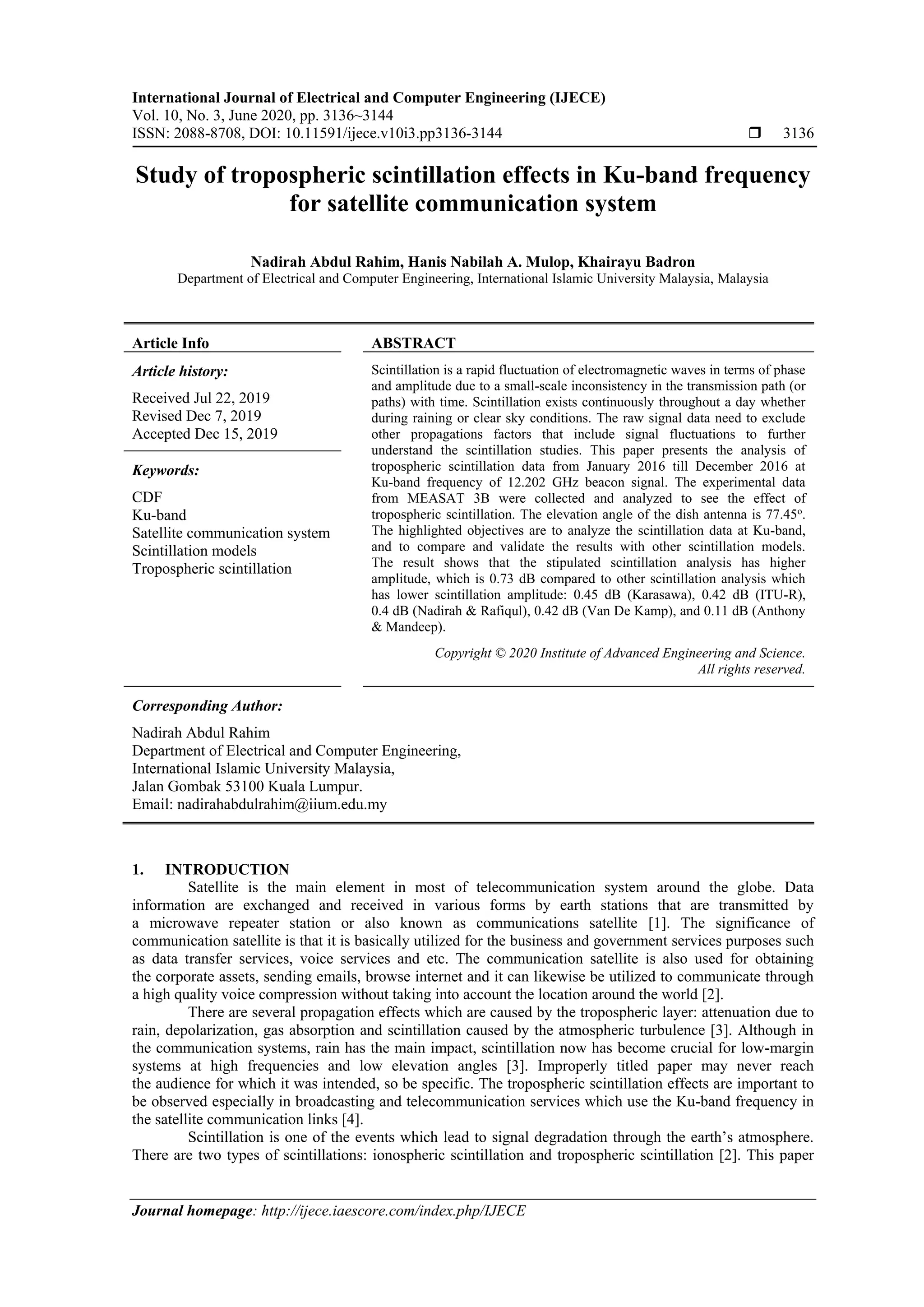 Study of tropospheric scintillation effects in Ku-band frequency for ...