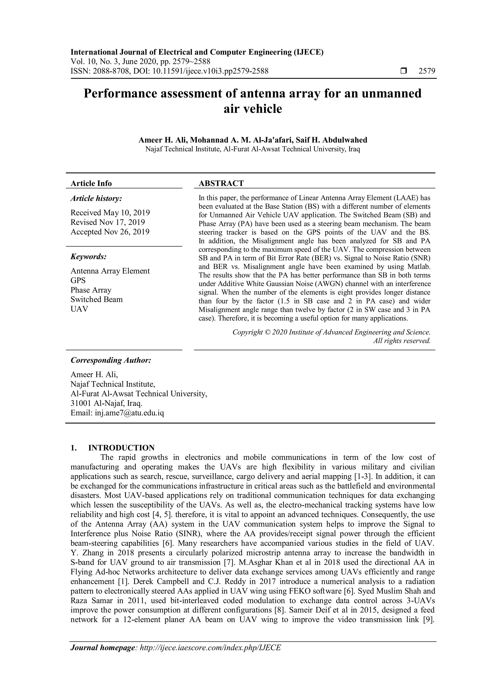 Performance assessment of antenna array for an unmanned air vehicle | PDF