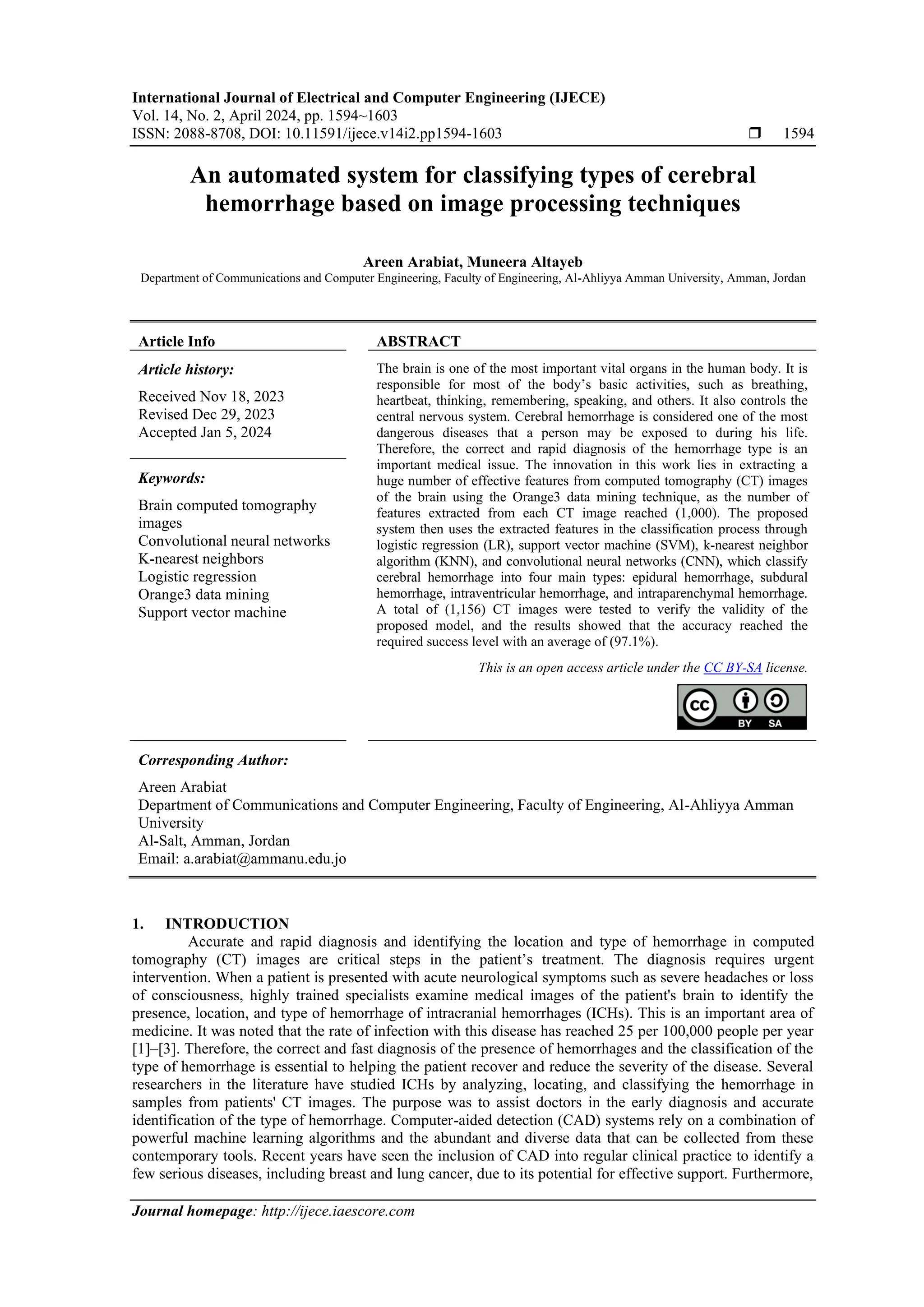 An Automated System For Classifying Types Of Cerebral Hemorrhage Based On Image Processing