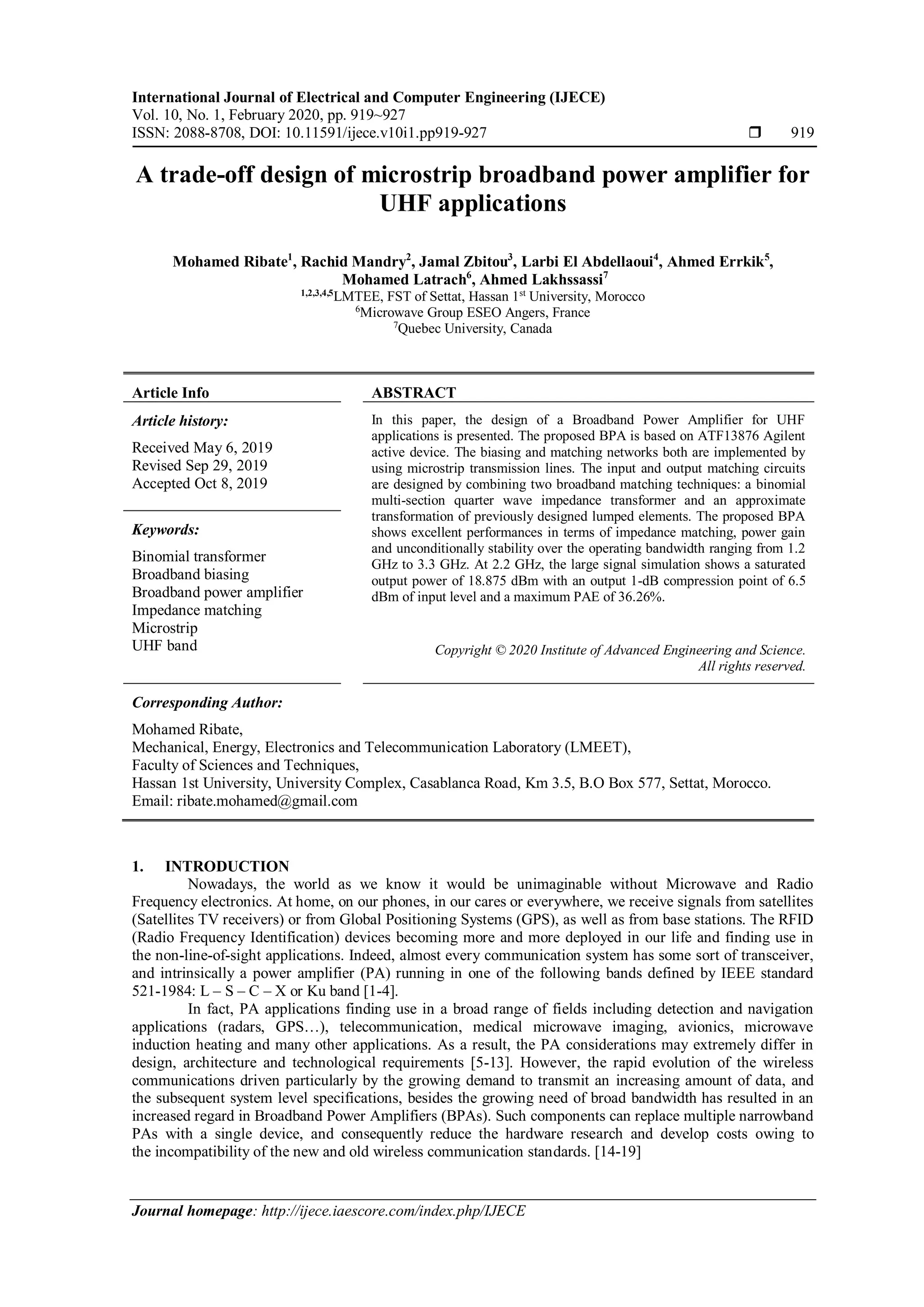 A trade-off design of microstrip broadband power amplifier for UHF ...