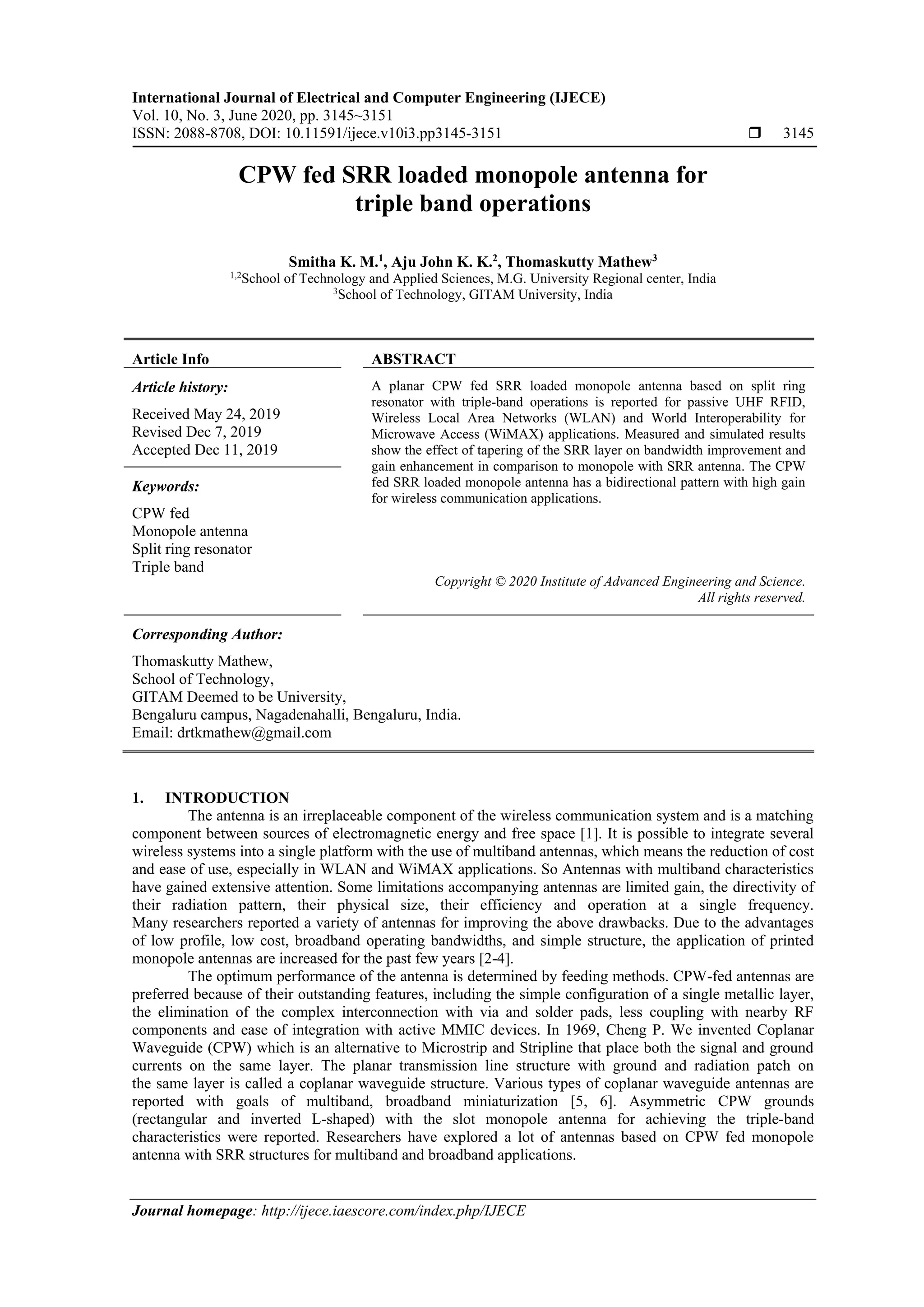 CPW fed SRR loaded monopole antenna for triple band operations | PDF ...