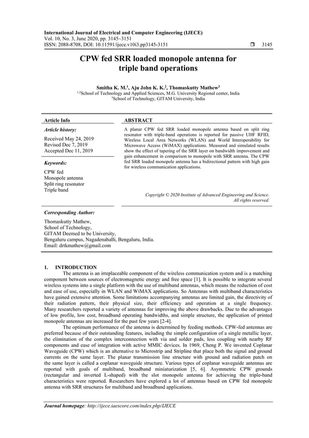 CPW fed SRR loaded monopole antenna for triple band operations | PDF