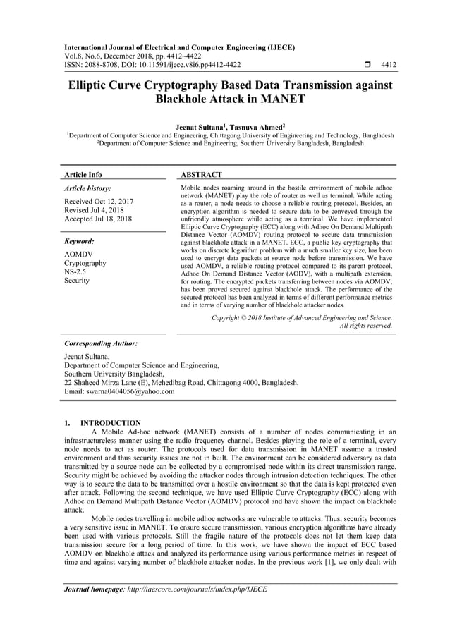Elliptic Curve Cryptography Based Data Transmission Against Blackhole Attack In Manet