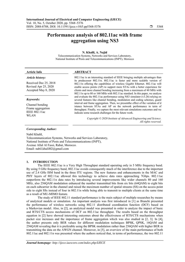 Performance analysis of 802.11ac with frame aggregation using NS3 | PDF