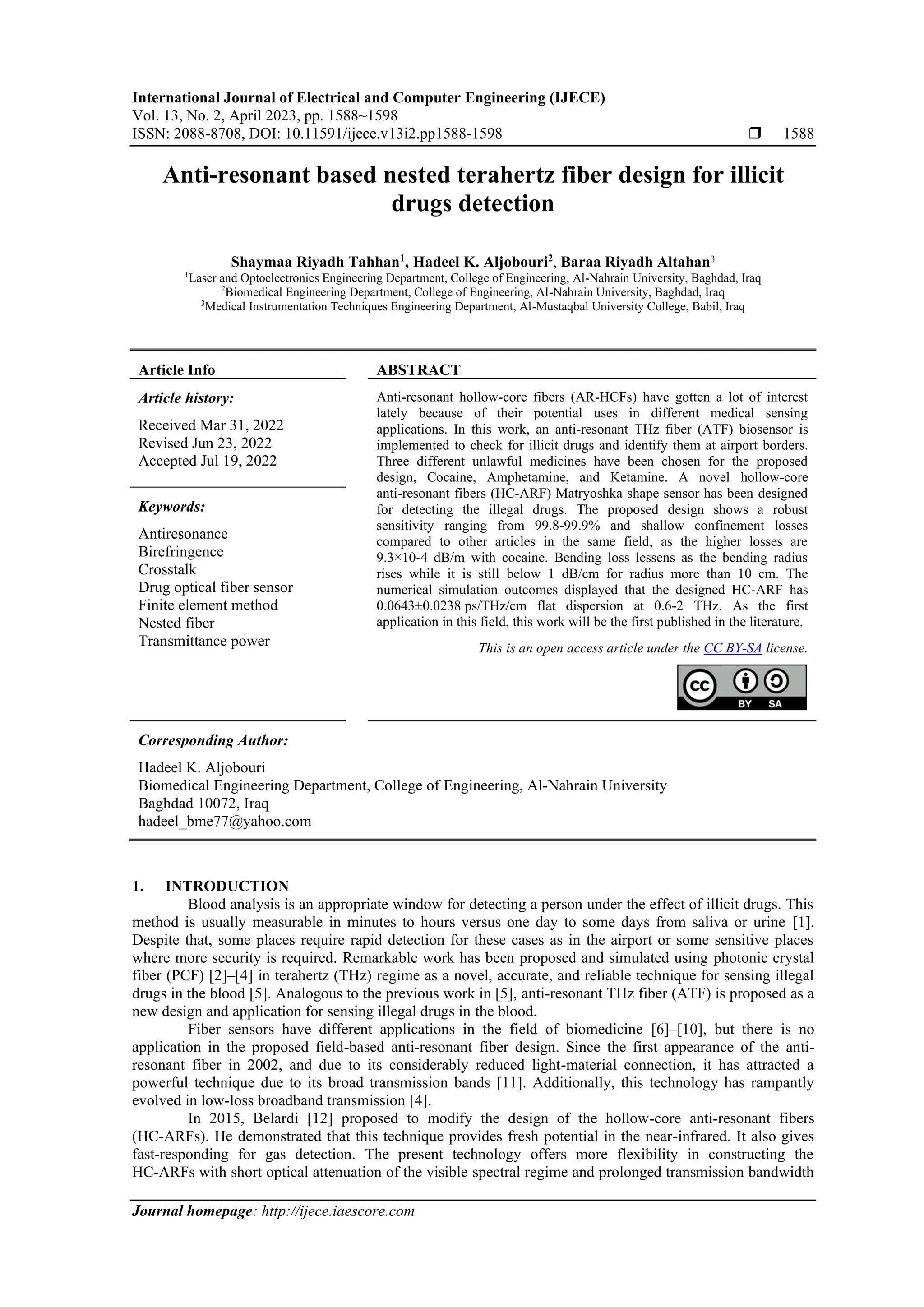 Anti-resonant based nested terahertz fiber design for illicit drugs detection | PDF