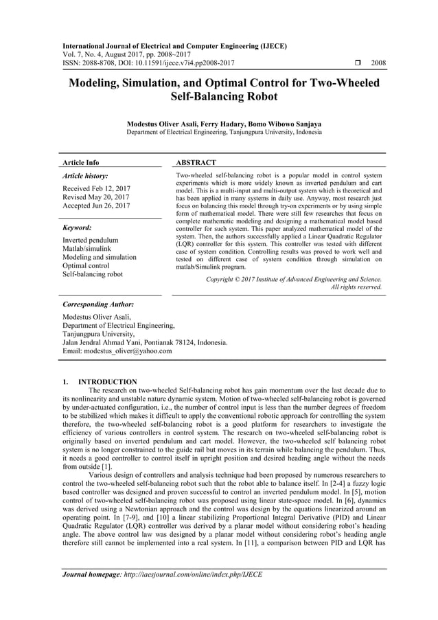 Modeling Simulation And Optimal Control For Two Wheeled Self Balancing Robot Pdf
