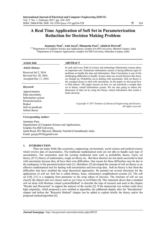 A Real Time Application of Soft Set in Parameterization Reduction for Decision Making Problem | PDF