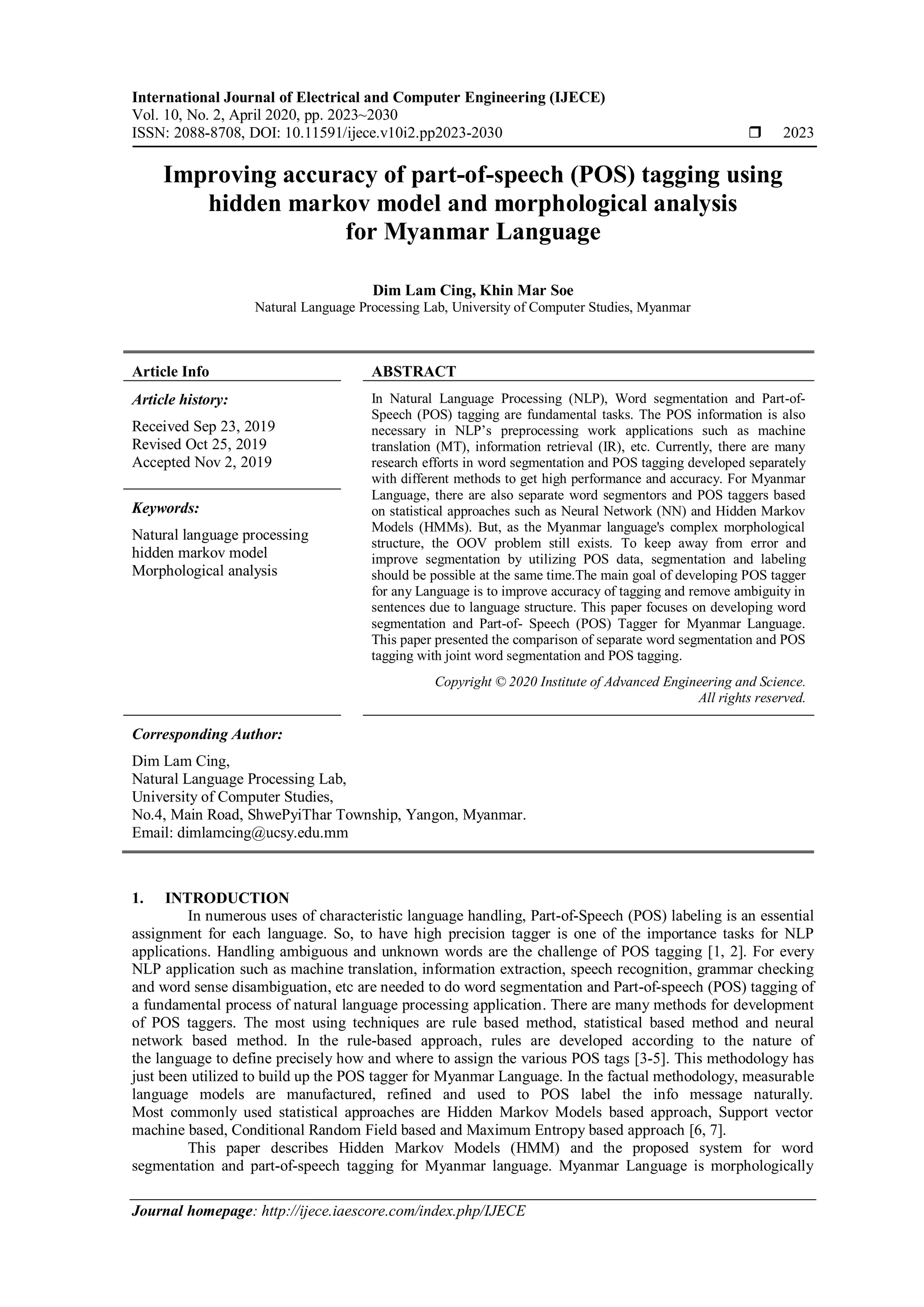 Improving Accuracy Of Part Of Speech Pos Tagging Using Hidden Markov Model And Morphological
