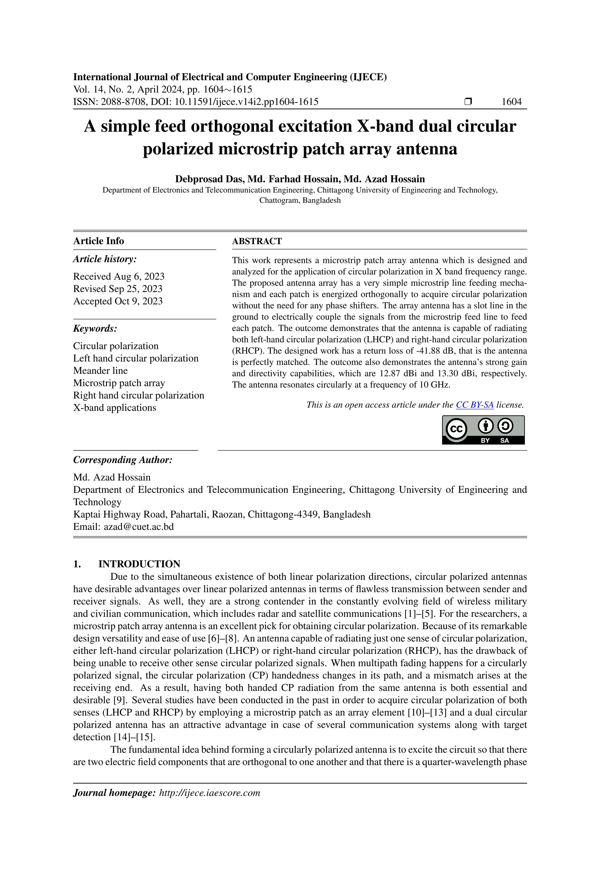 A simple feed orthogonal excitation X-band dual circular polarized microstrip patch array ...