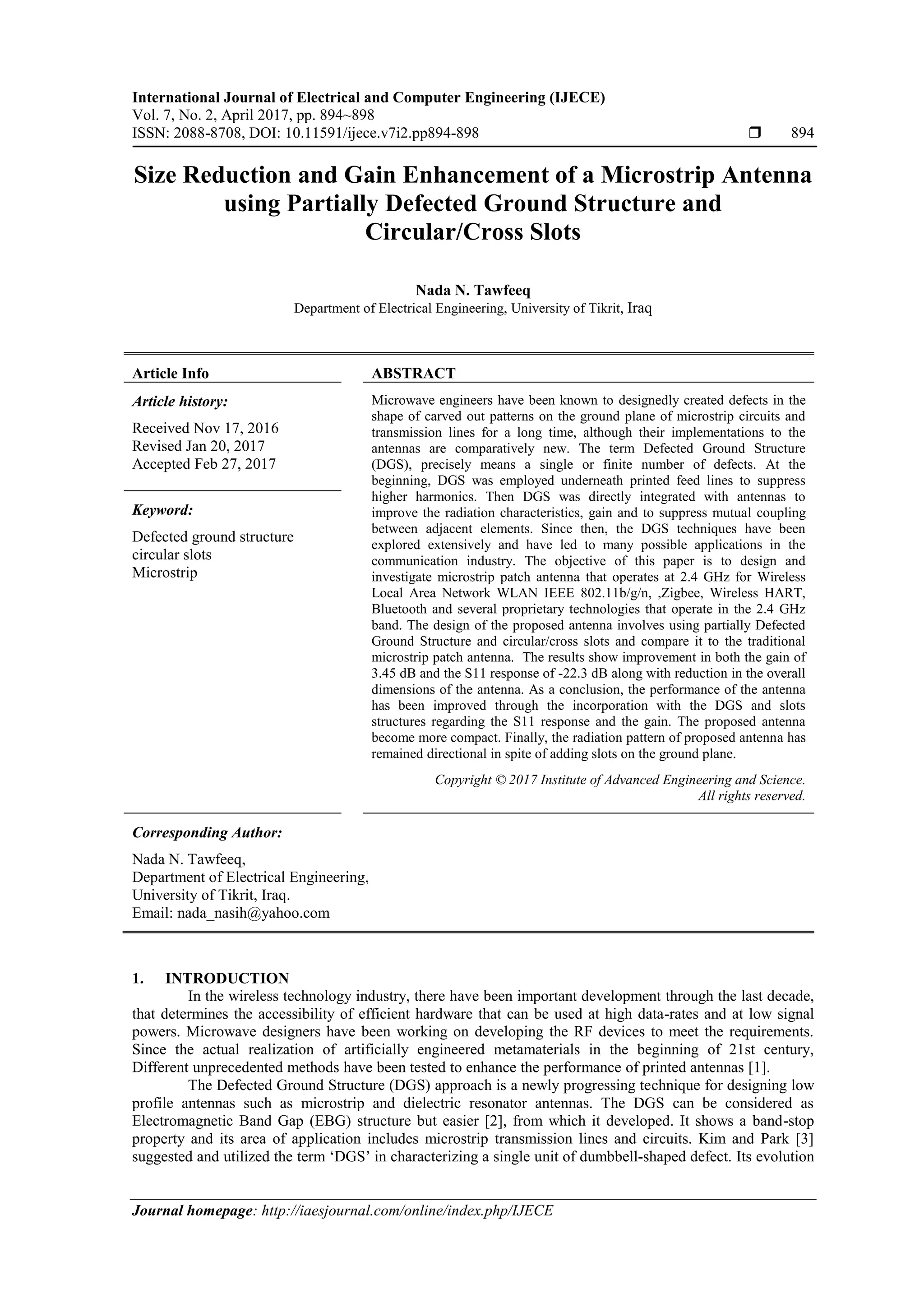 Size Reduction and Gain Enhancement of a Microstrip Antenna using Partially Defected Ground ...
