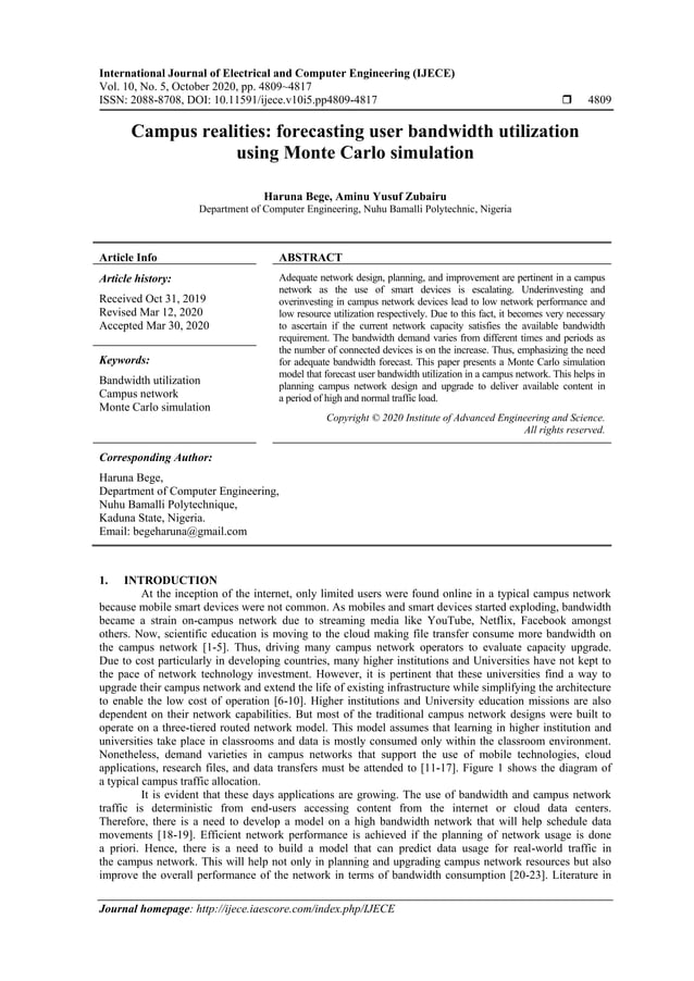 Campus Realities Forecasting User Bandwidth Utilization Using Monte