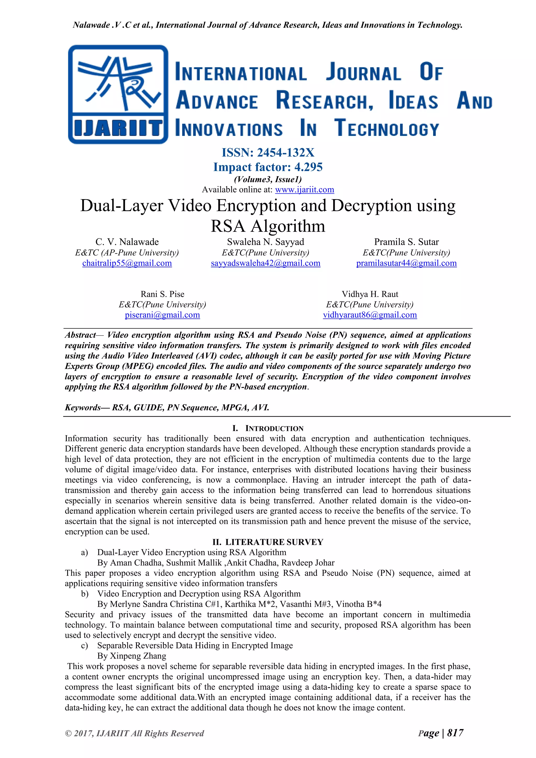 Dual Layer Video Encryption And Decryption Using Rsa Algorithm Pdf 