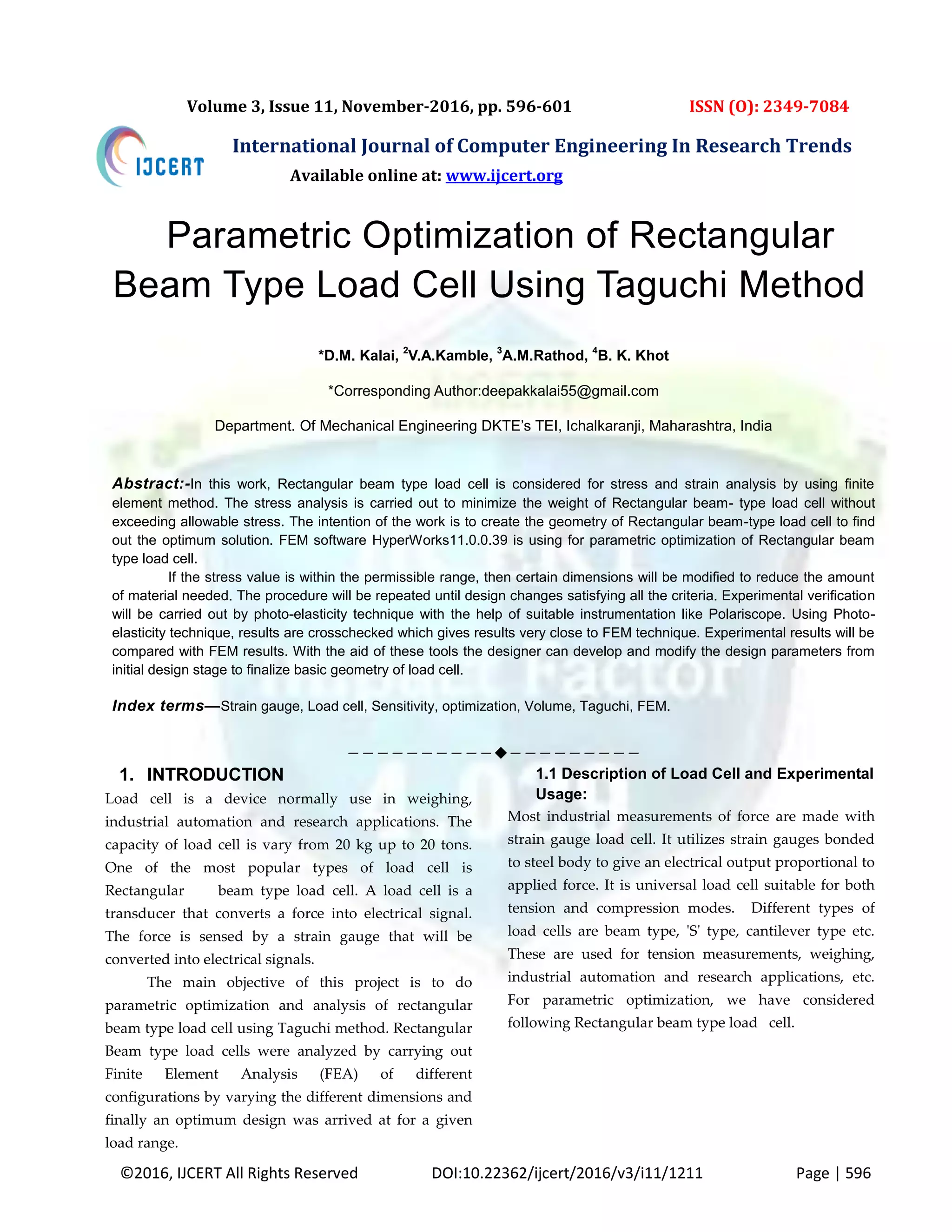 Parametric Optimization of Rectangular Beam Type Load Cell Using Taguchi Method | PDF