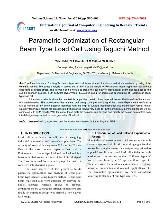 Parametric Optimization of Rectangular Beam Type Load Cell Using Taguchi Method | PDF