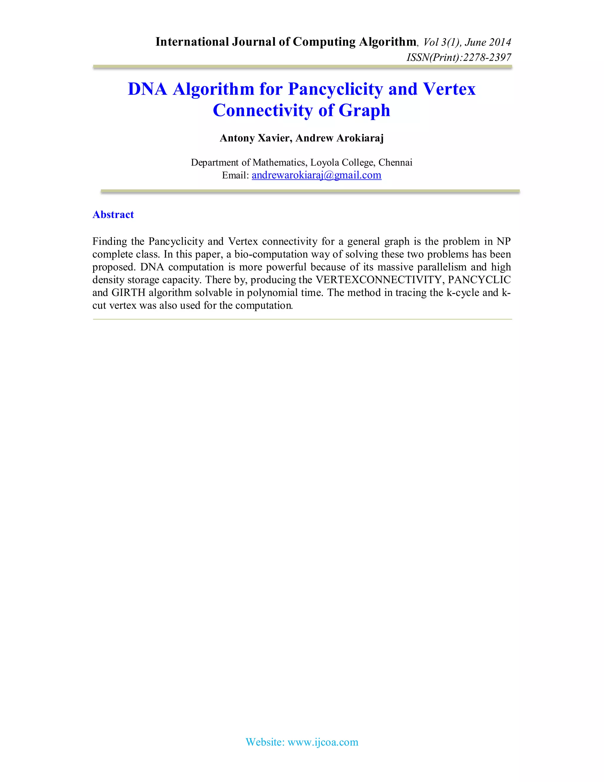 DNA Algorithm for Pancyclicity and Vertex Connectivity of Graph | PDF