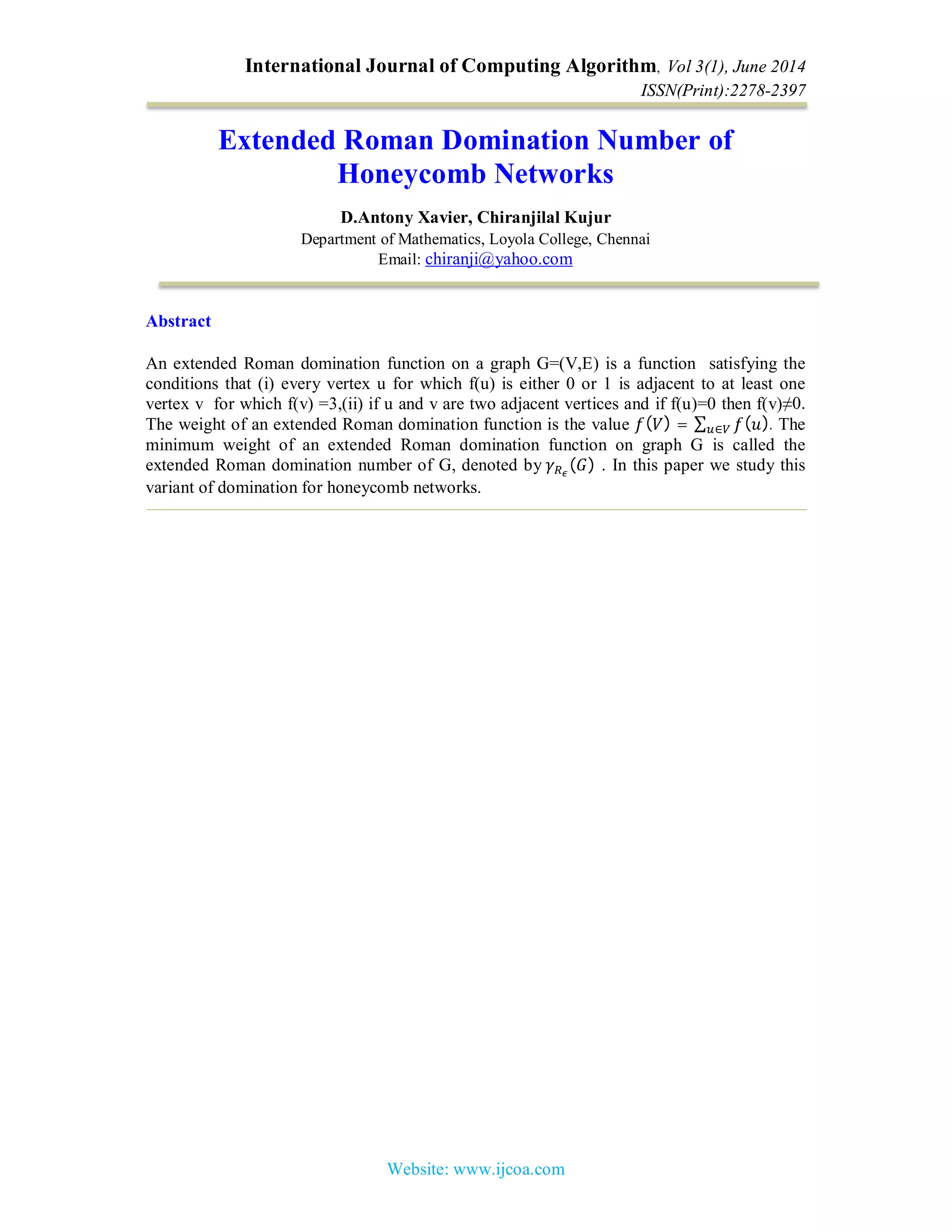 Extended Roman Domination Number of Honeycomb Networks | PDF