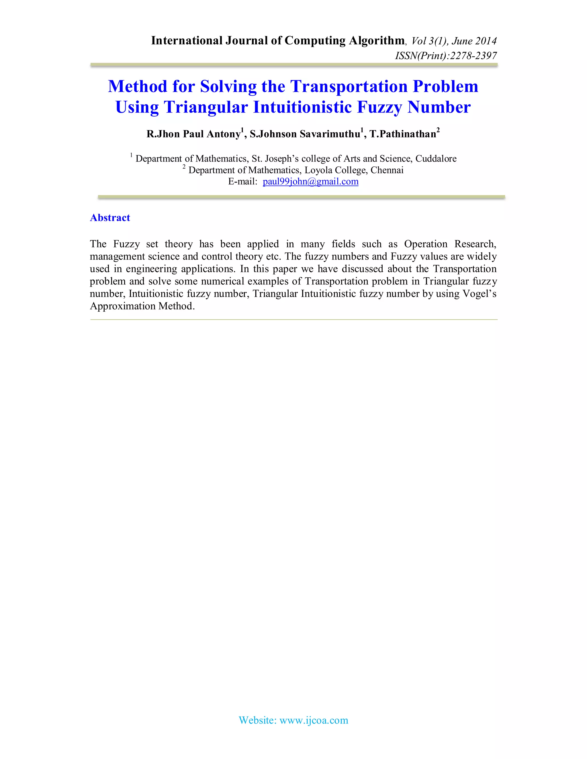 Method For Solving The Transportation Problem Using Triangular