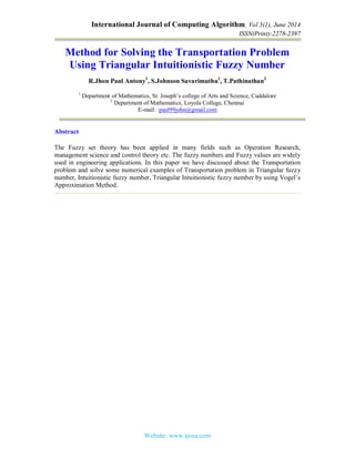 Method for Solving the Transportation Problem Using Triangular Intuitionistic Fuzzy Number | PDF ...