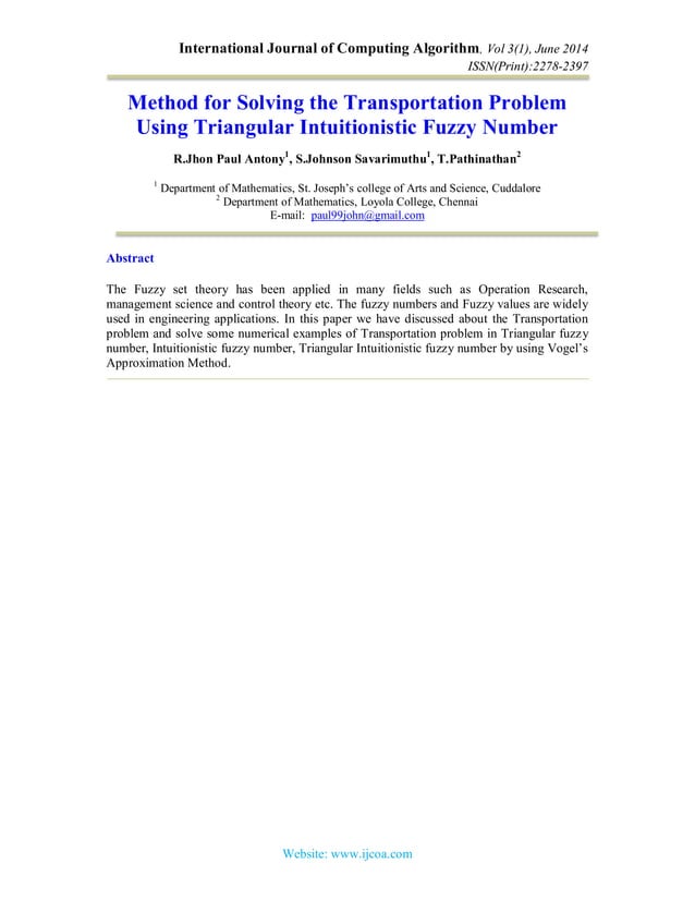 Method For Solving The Transportation Problem Using Triangular Intuitionistic Fuzzy Number Pdf