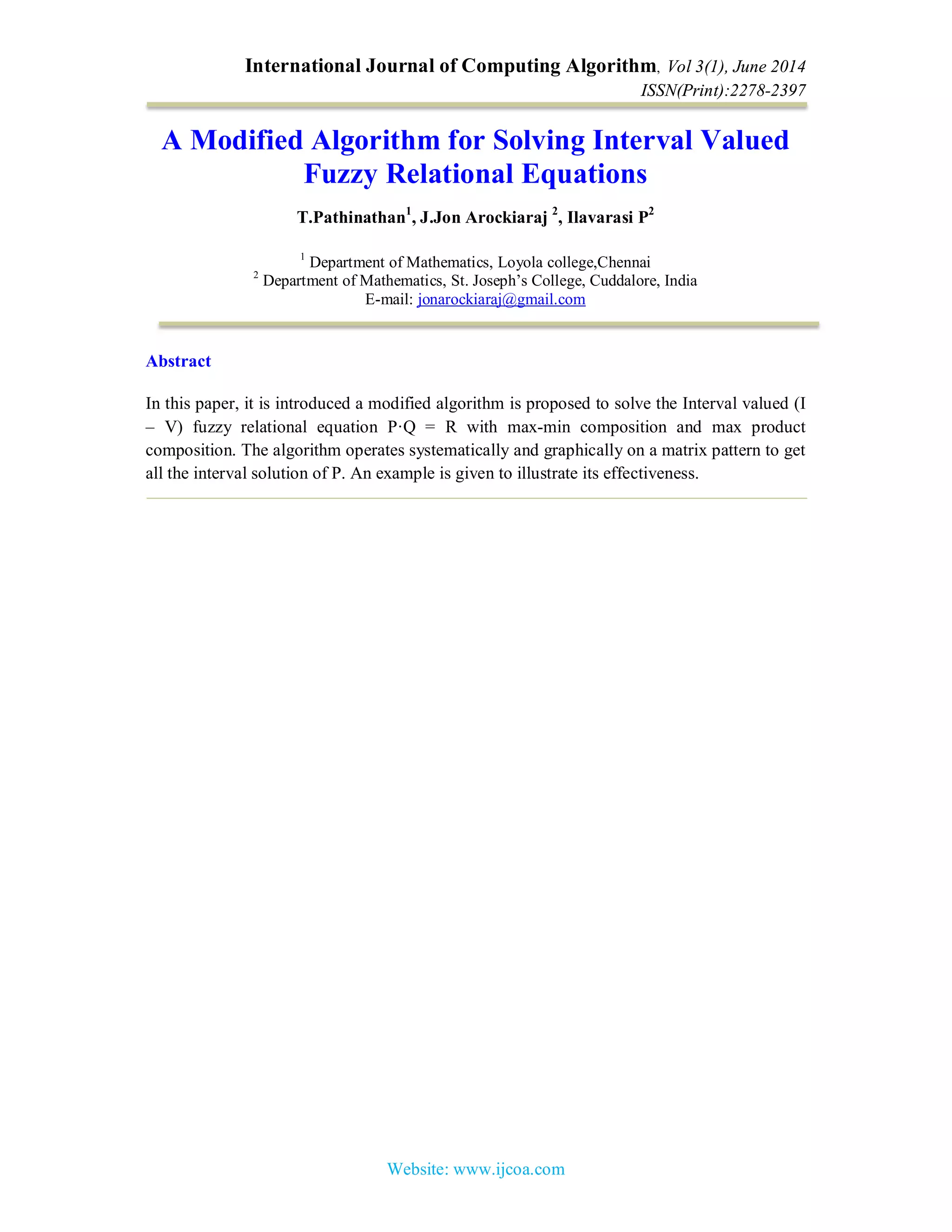 A Modified Algorithm For Solving Interval Valued Fuzzy Relational Equations Pdf Computing