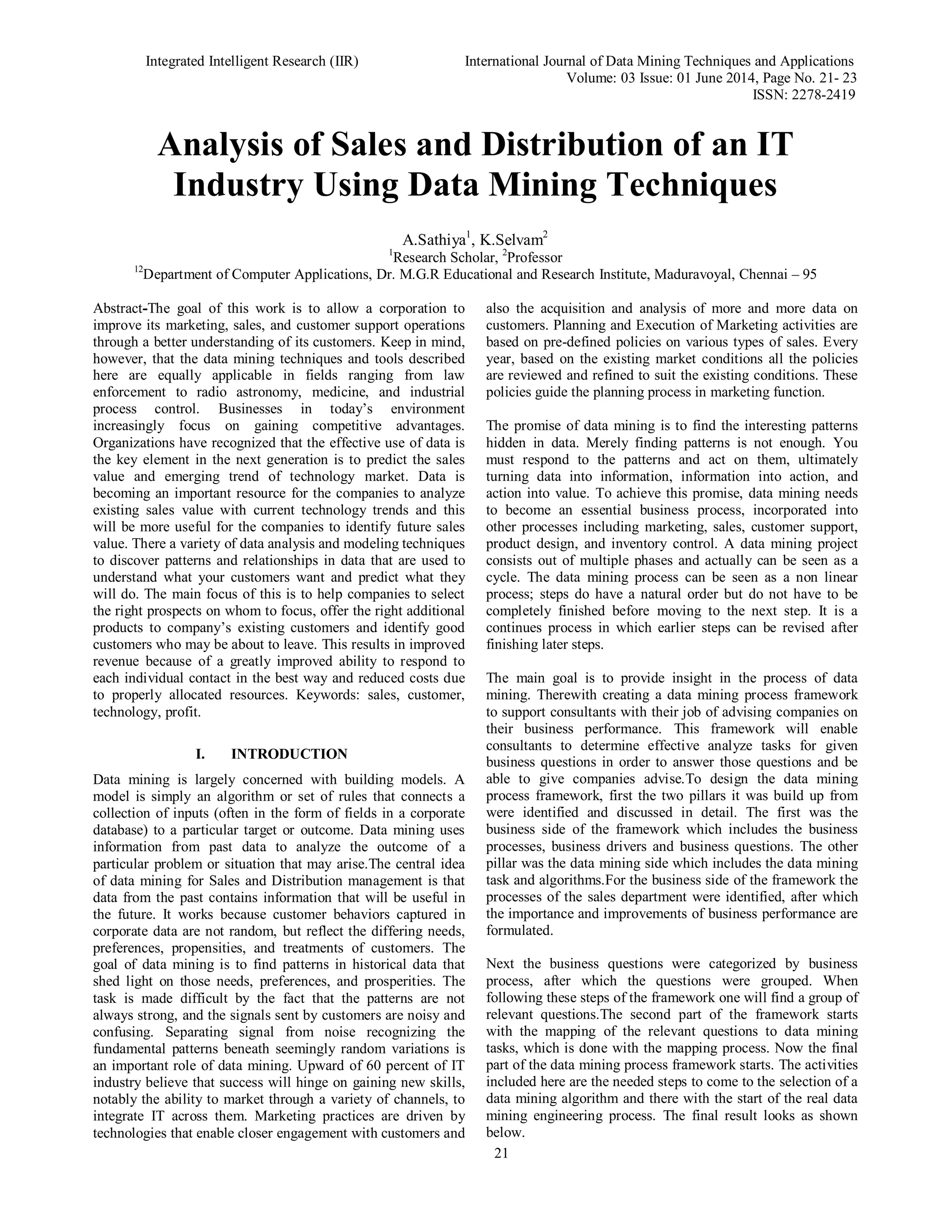 Analysis of Sales and Distribution of an IT Industry Using Data Mining Techniques | PDF | Sales ...