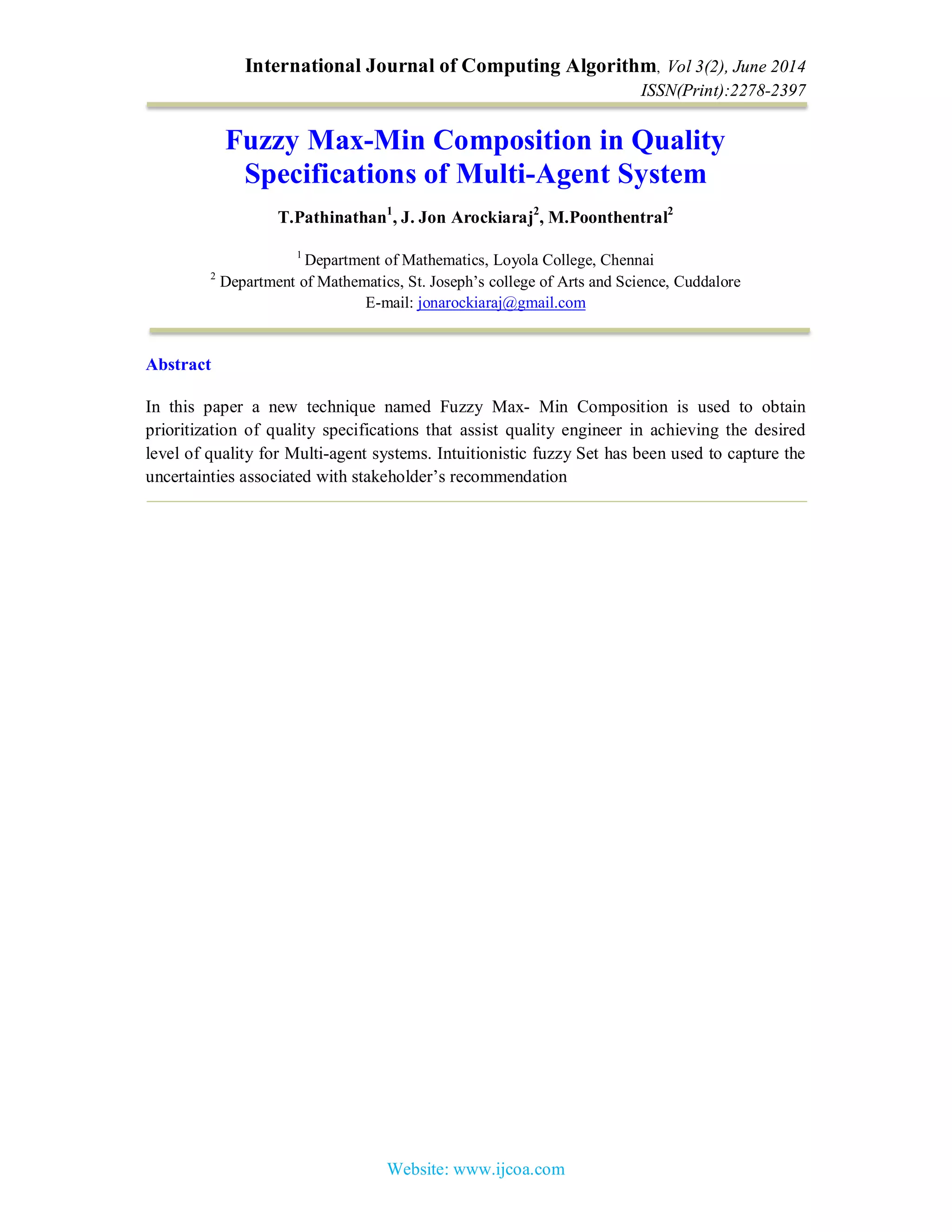 Fuzzy Max Min Composition In Quality Specifications Of Multi Agent System Pdf Computing