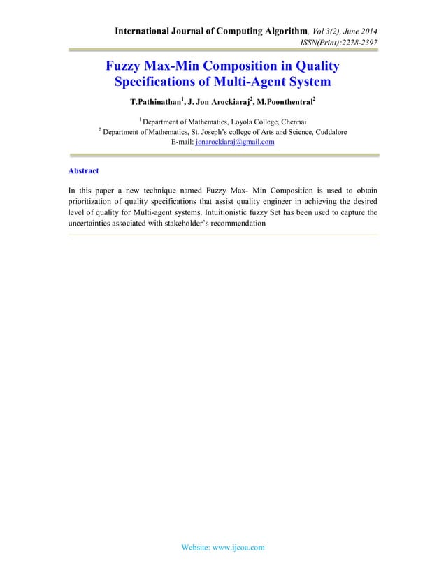 Fuzzy Max-Min Composition in Quality Specifications of Multi-Agent System | PDF | Computing ...