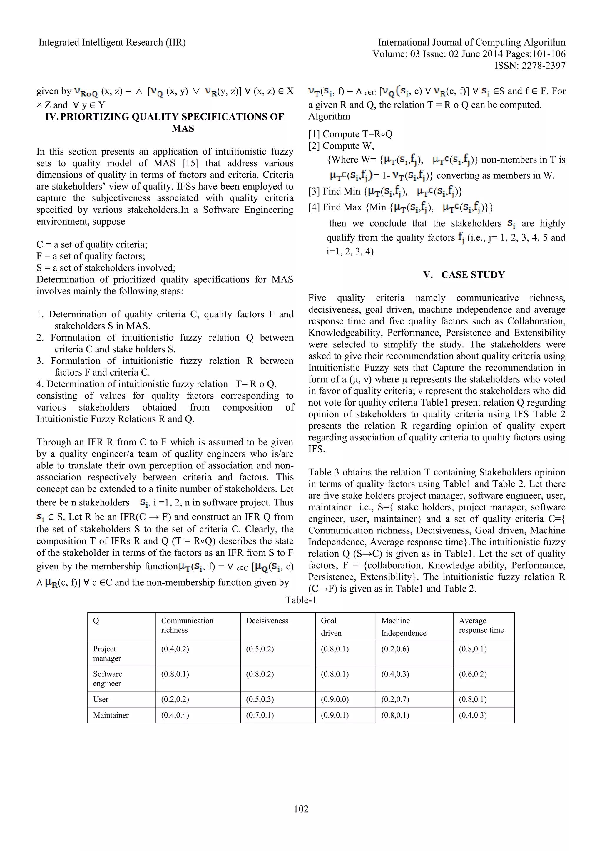 Fuzzy Max-Min Composition in Quality Specifications of Multi-Agent System | PDF