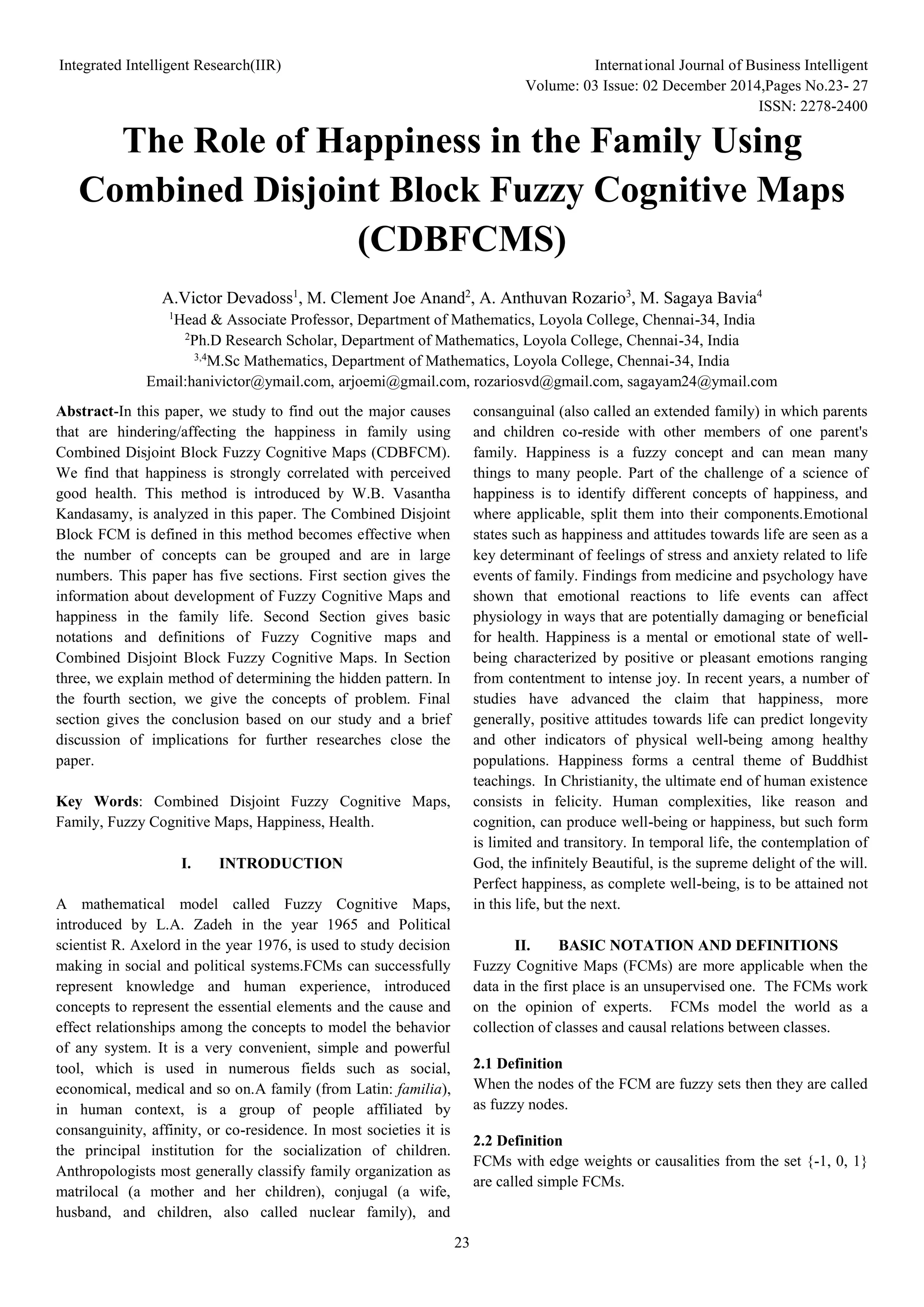 The Role of Happiness in the Family Using Combined Disjoint Block Fuzzy ...