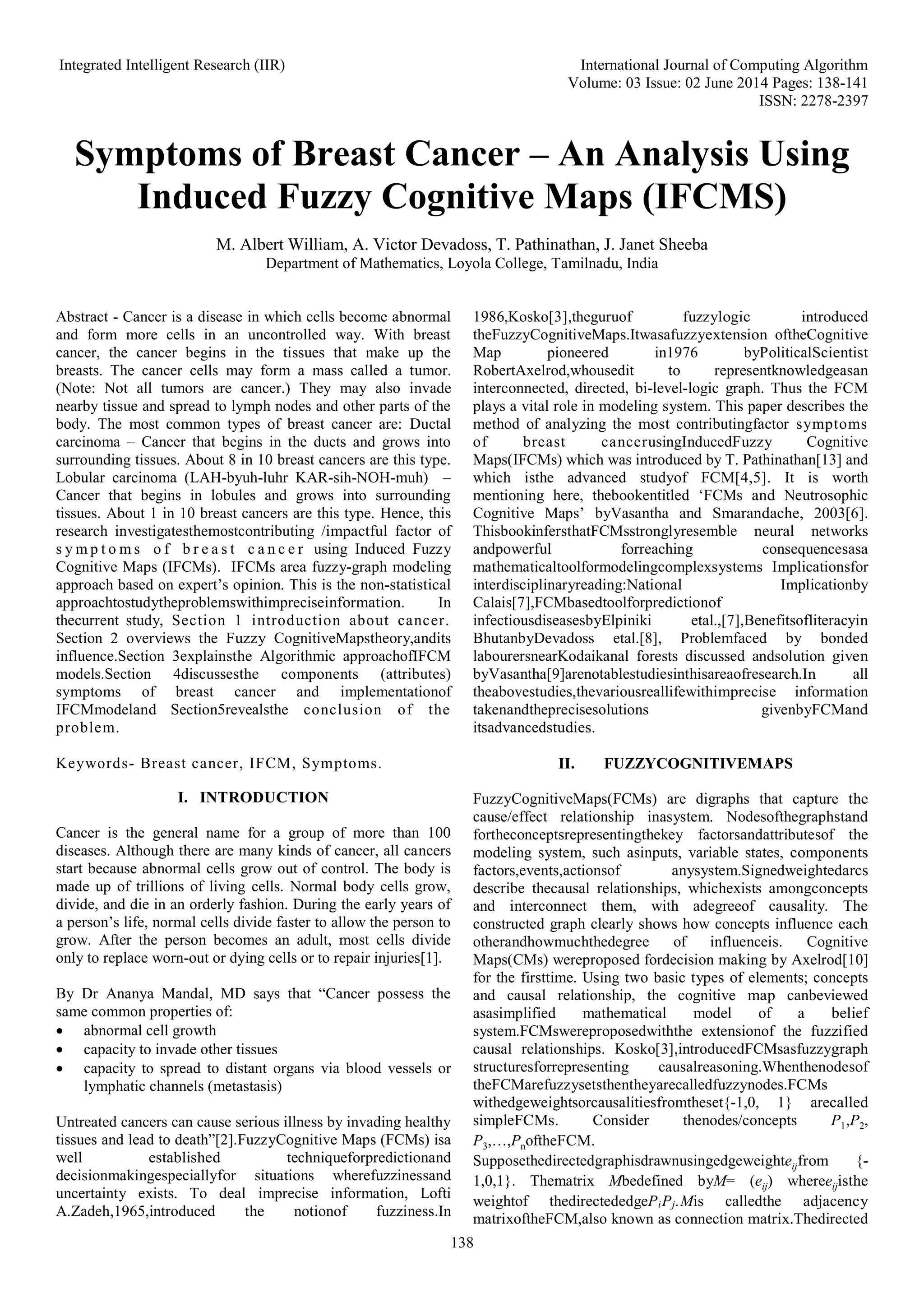 Symptoms Of Breast Cancer An Analysis Using Induced Fuzzy Cognitive Maps Ifcms Pdf