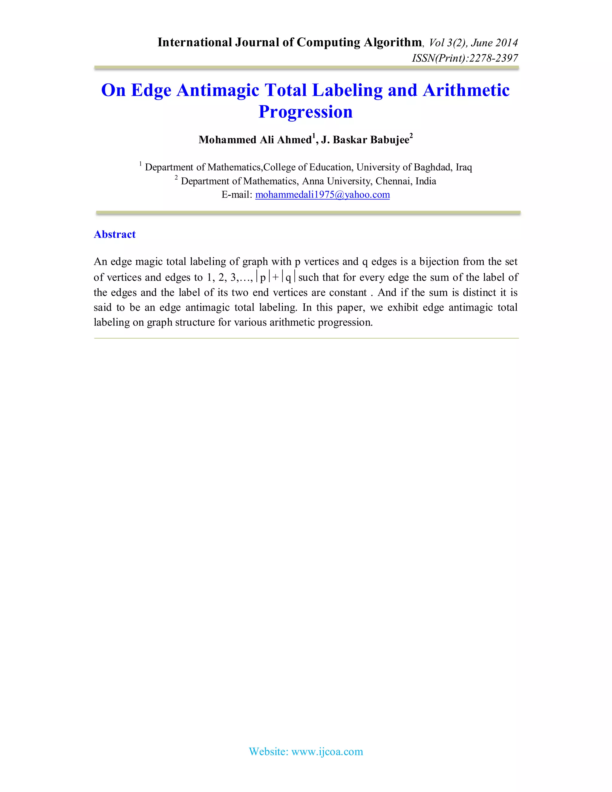 On Edge Antimagic Total Labeling and Arithmetic Progression | PDF | Computing | Technology ...