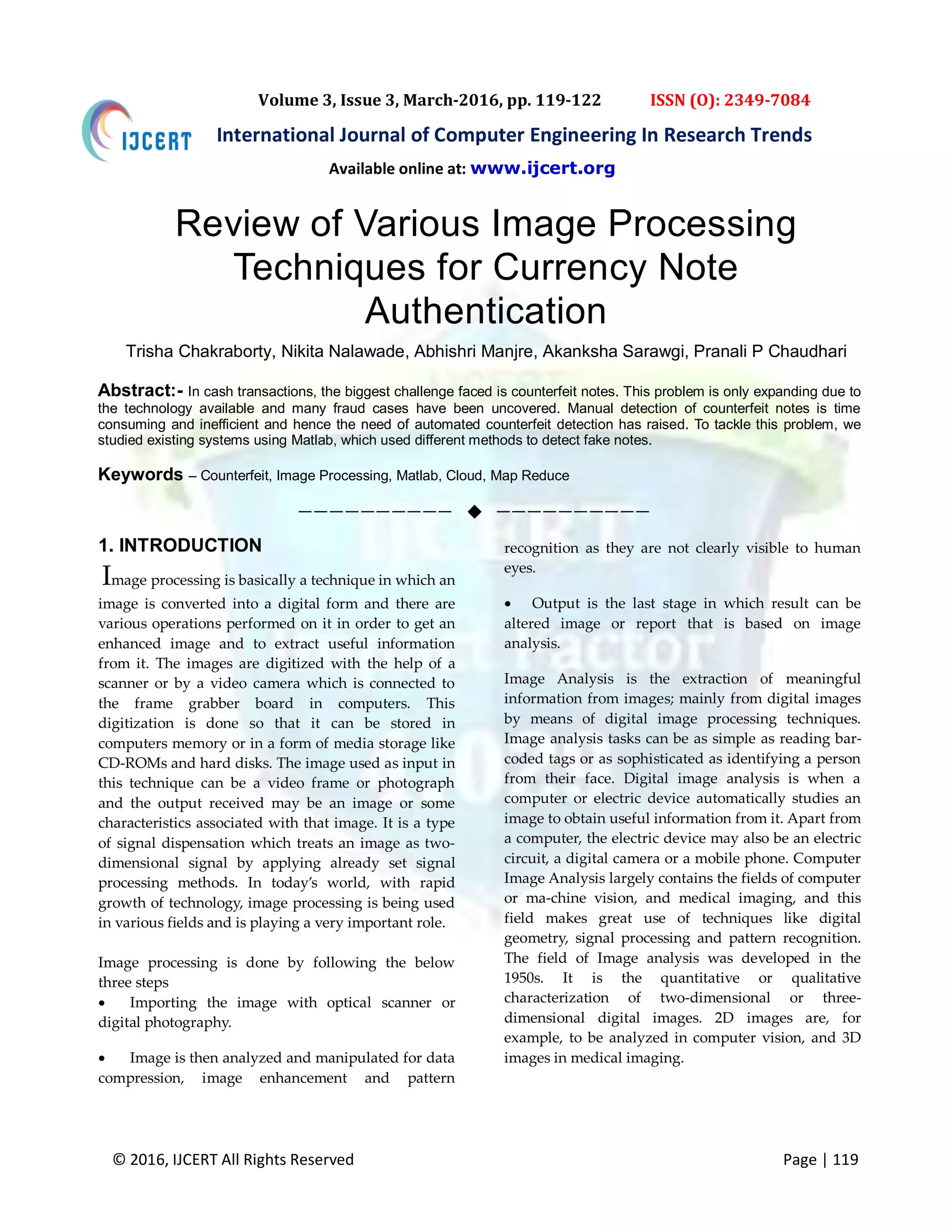 Review of Various Image Processing Techniques for Currency Note Authentication | PDF