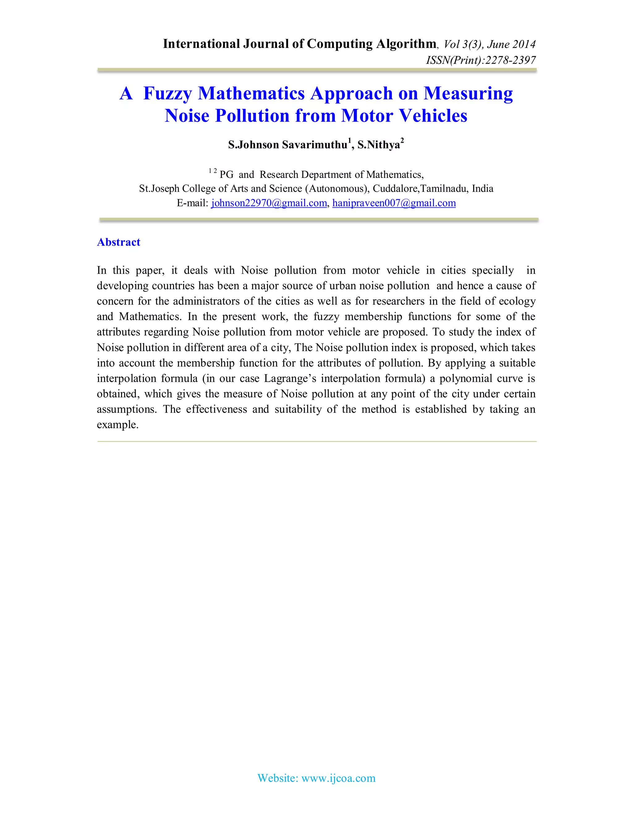 A Fuzzy Mathematics Approach on Measuring Noise Pollution from Motor ...