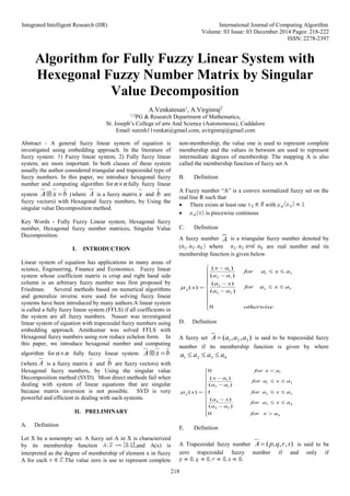 Algorithm for Fully Fuzzy Linear System with Hexegonal Fuzzy Number Matrix by Singular Value ...