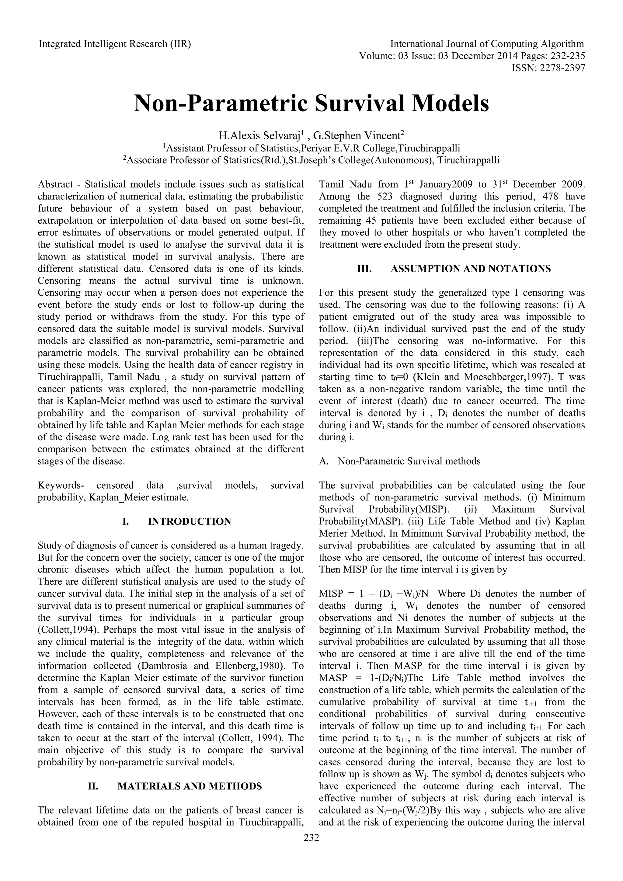 Non Parametric Survival Models Pdf