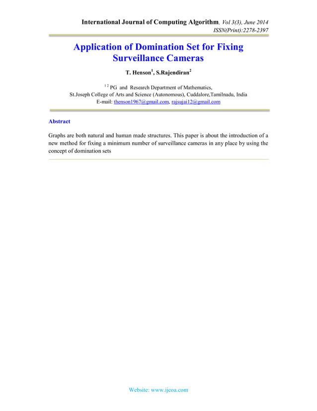 Application of Domination Set for Fixing Surveillance Cameras | PDF