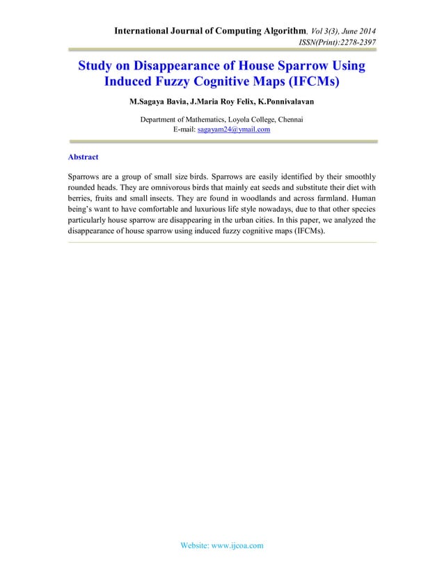 Study on Disappearance of House Sparrow Using Induced Fuzzy Cognitive Maps (IFCMs) | PDF