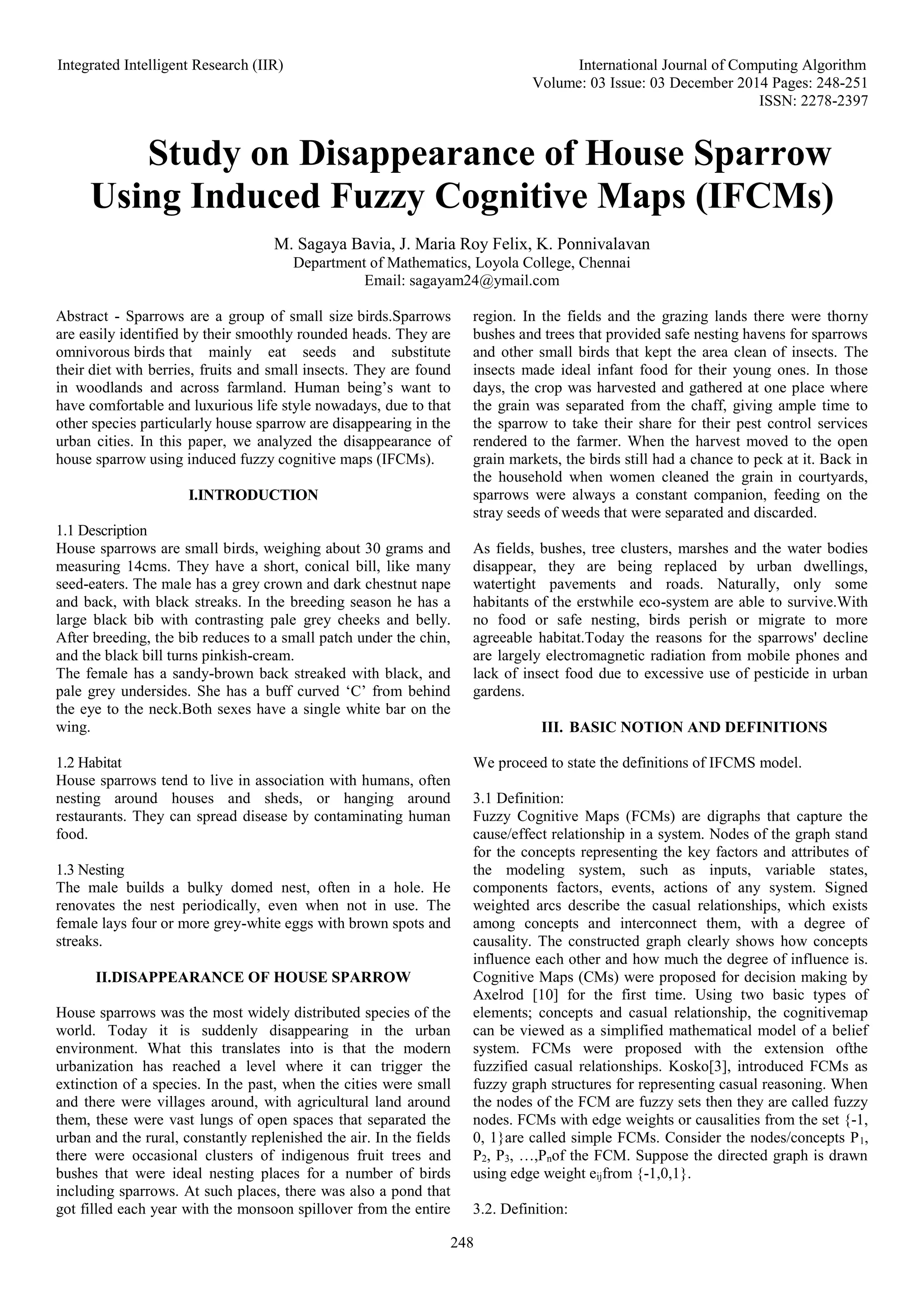 Study on Disappearance of House Sparrow Using Induced Fuzzy Cognitive ...