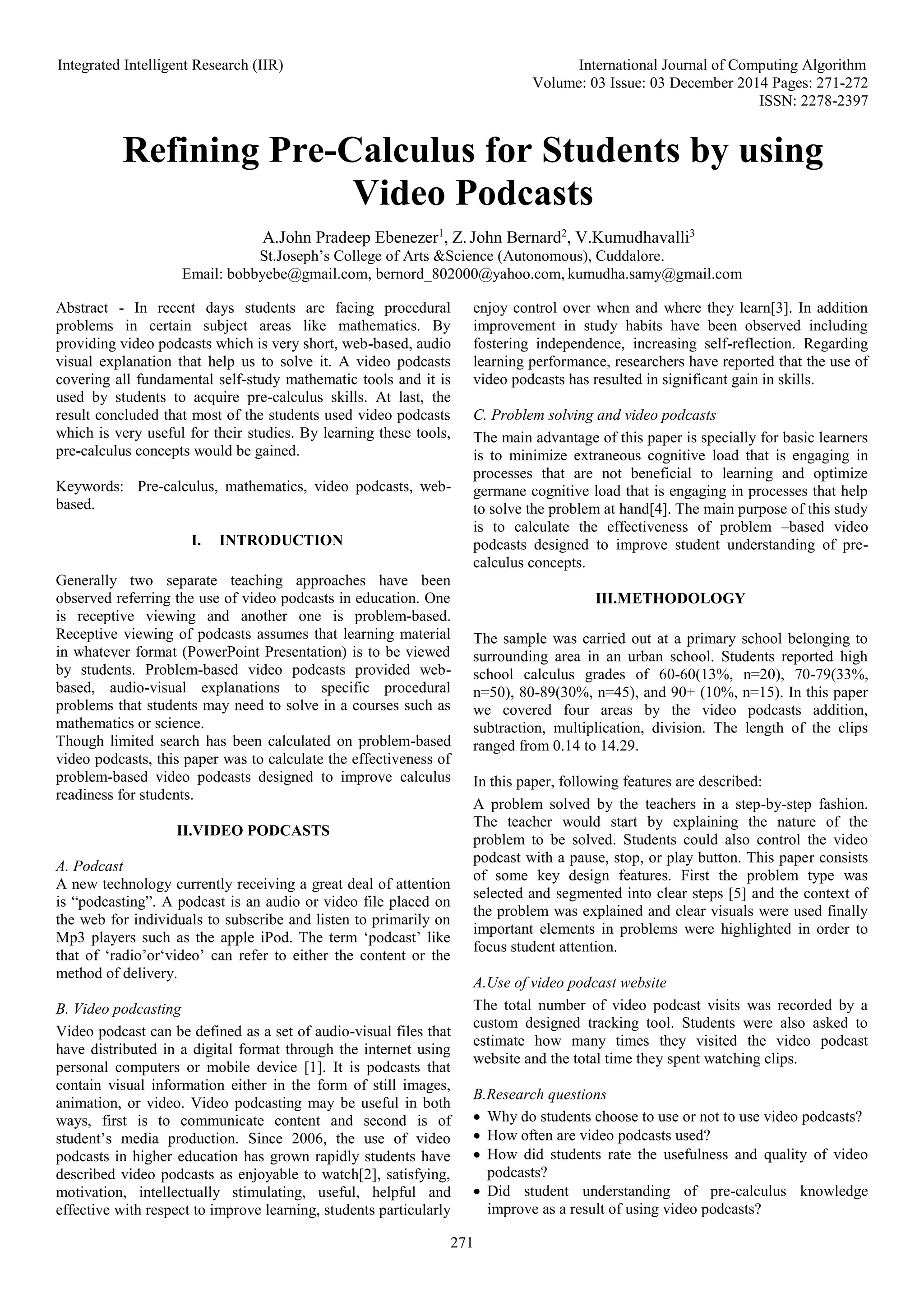 Refining Pre-Calculus for Students by using Video Podcasts | DOC | Web Development | Internet