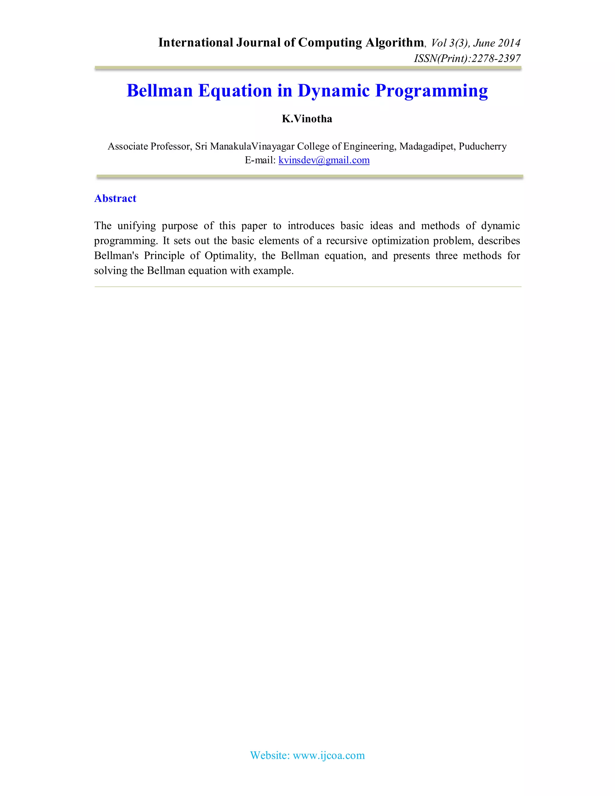 Bellman Equation In Dynamic Programming Pdf