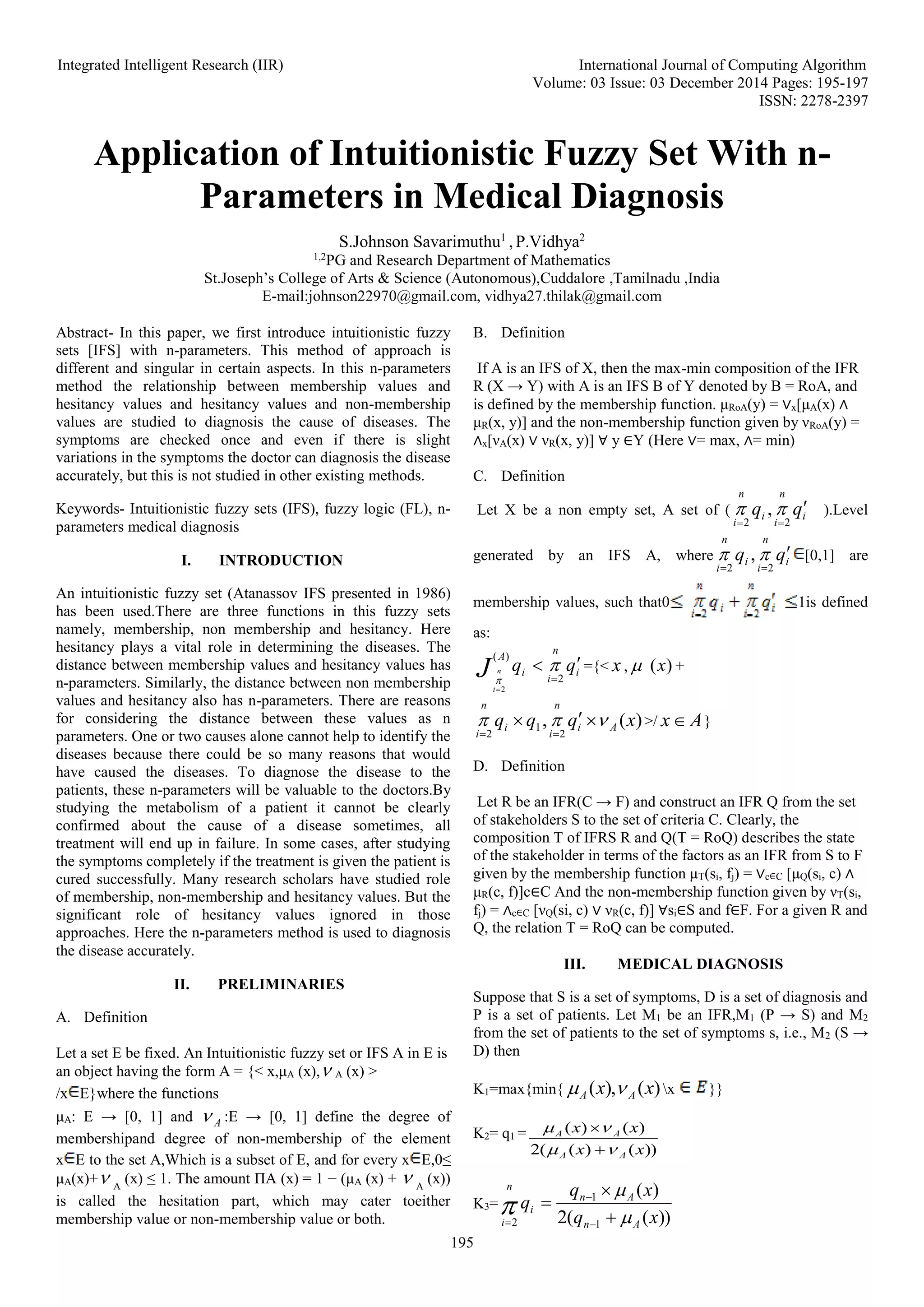 Application of Intuitionistic Fuzzy Set With n-Parameters in Medical Diagnosis | PDF