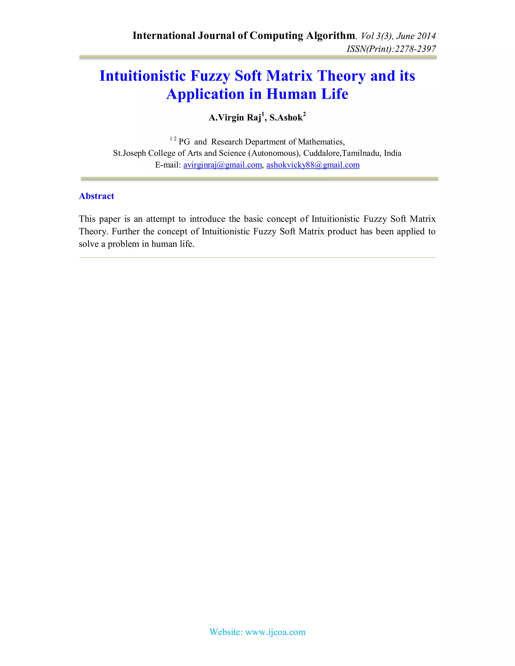 Intuitionistic Fuzzy Soft Matrix Theory and its Application in Human Life | PDF