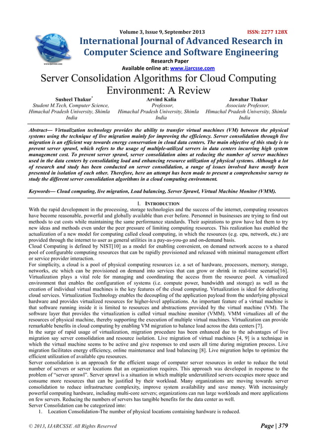 SERVER COSOLIDATION ALGORITHMS FOR CLOUD COMPUTING: A REVIEW | PDF