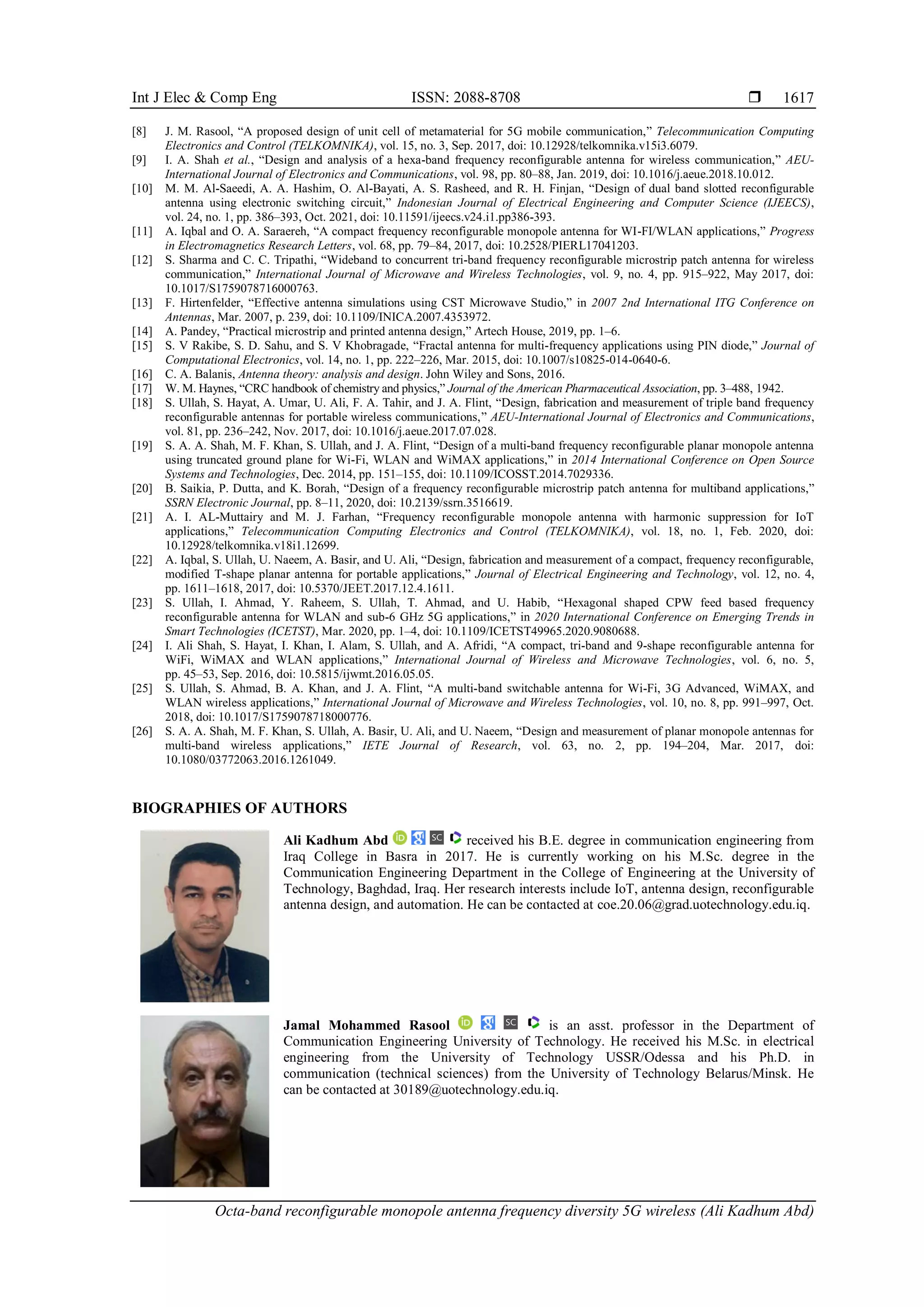 Octa-band reconfigurable monopole antenna frequency diversity 5G ...