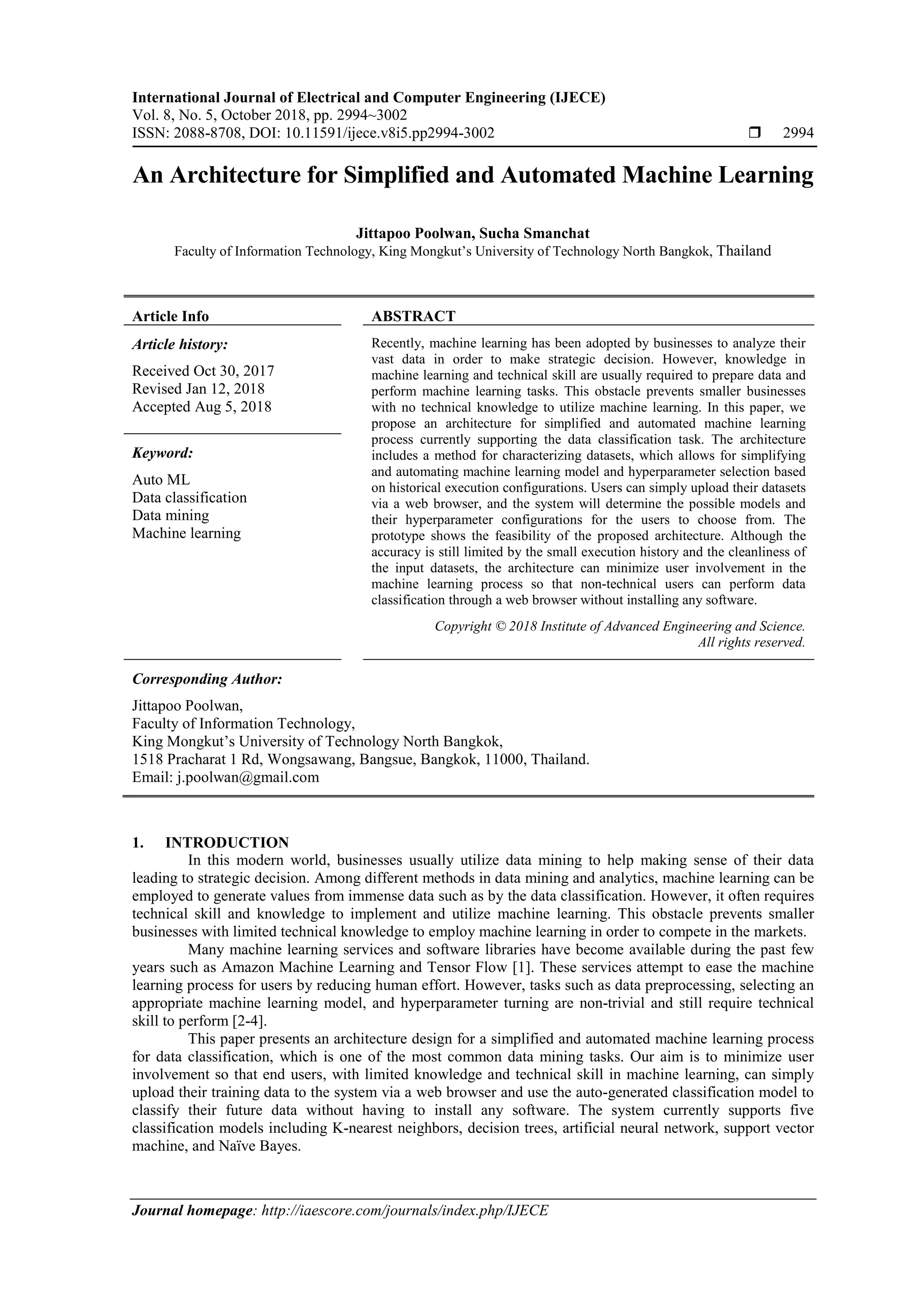 An Architecture For Simplified And Automated Machine Learning Pdf