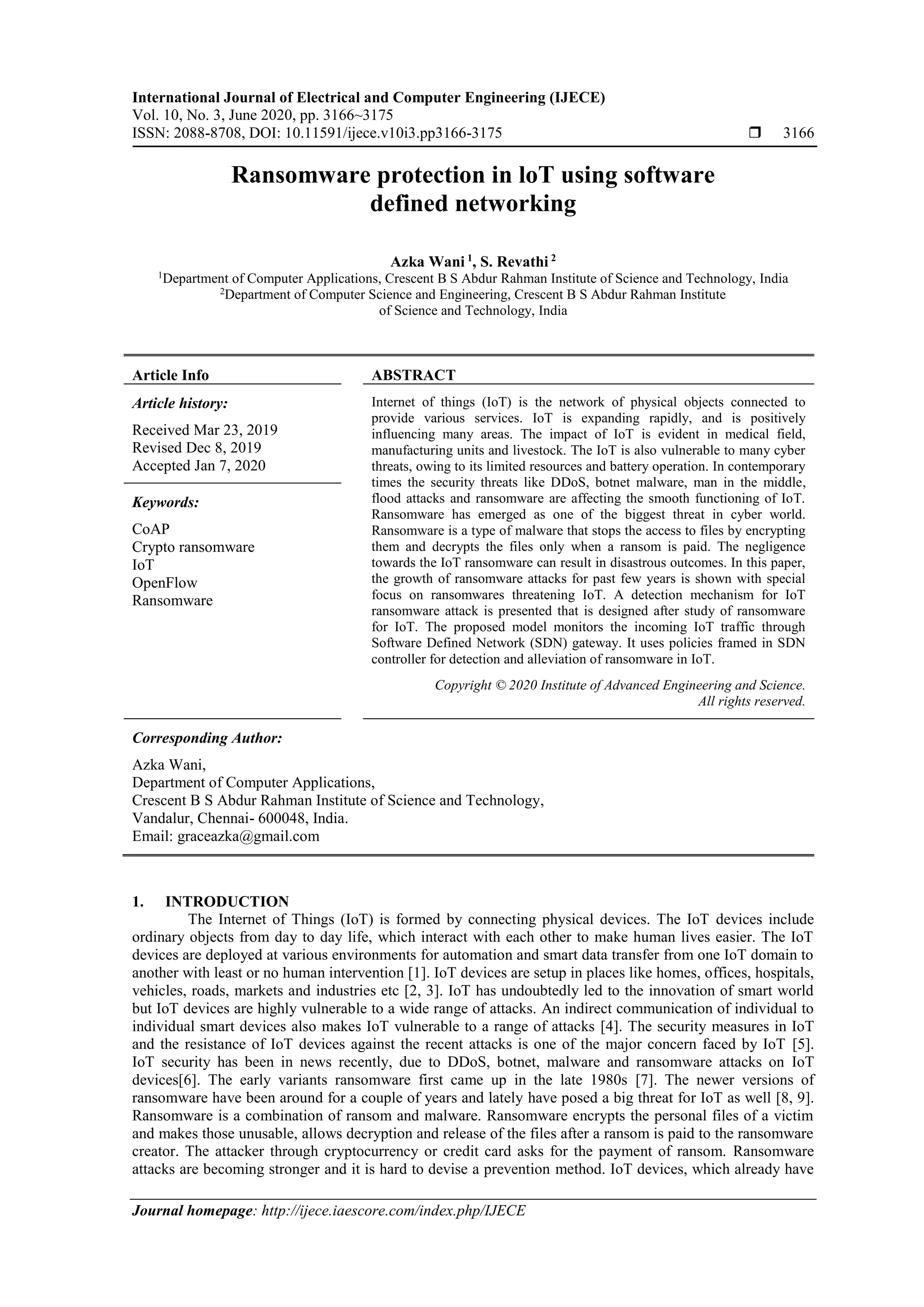 Ransomware protection in loT using software defined networking | PDF