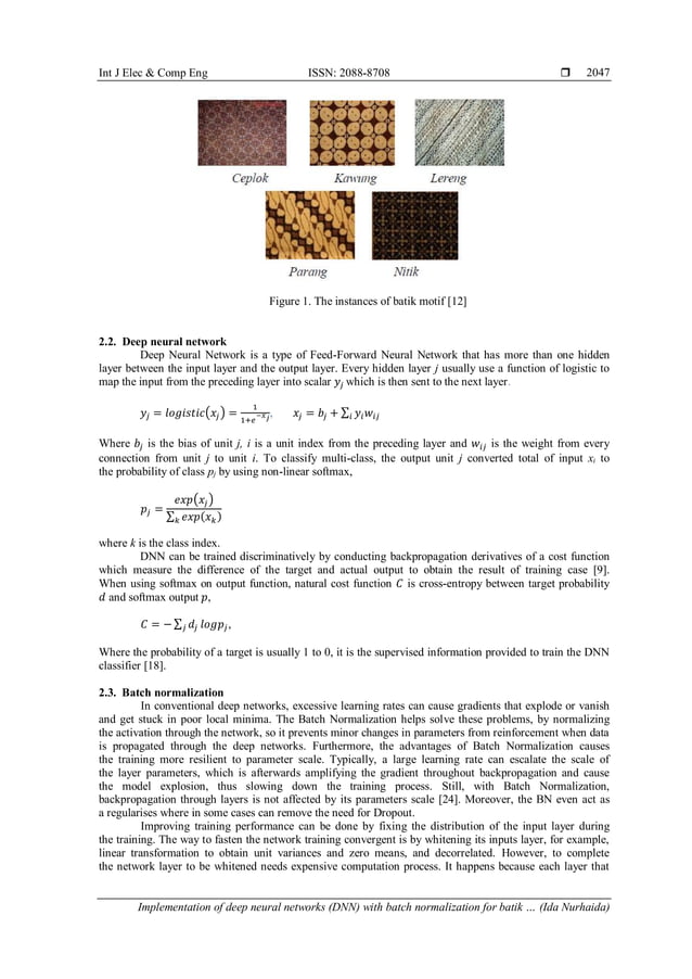 Implementation of deep neural networks (DNN) with batch normalization for batik pattern ...